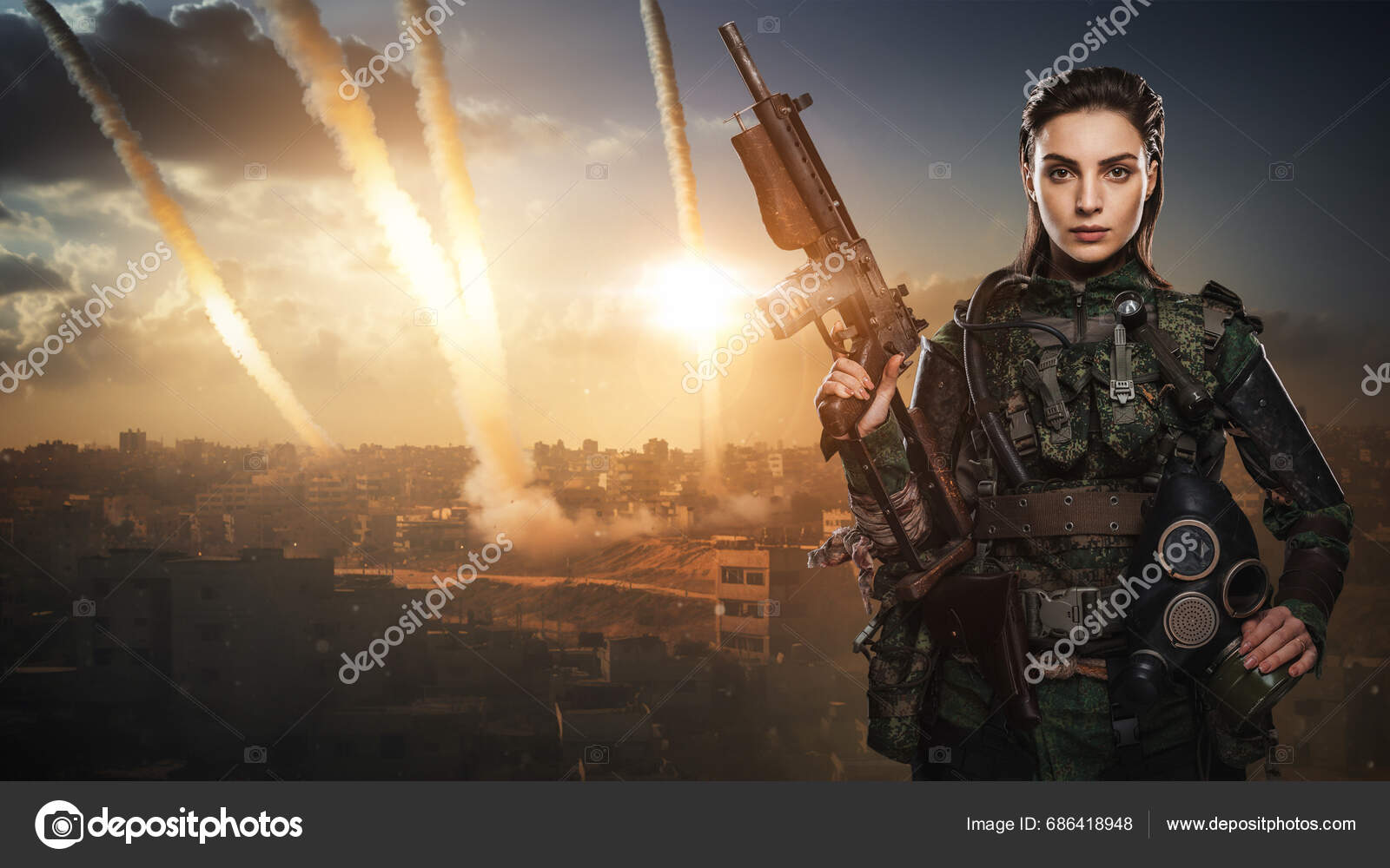 Portrait Self Assured Female Soldier Military Attire Defiantly Posing ...