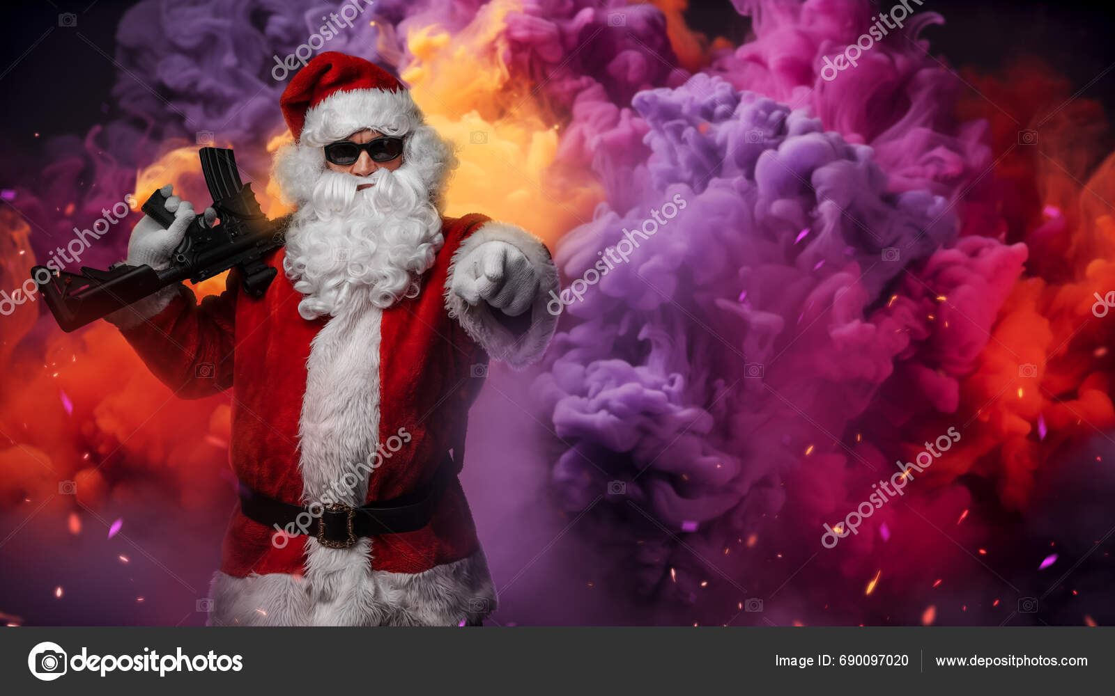 Santa Claus Clad Man Armed Machine Gun Points His Finger Stock Photo by ...