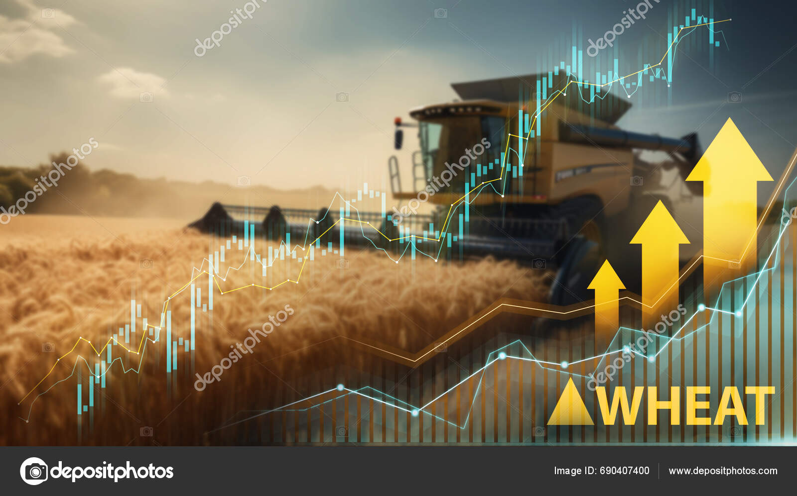 Sunset Wheat Fields Combine Harvester Financial Increase Graphs — Stock ...