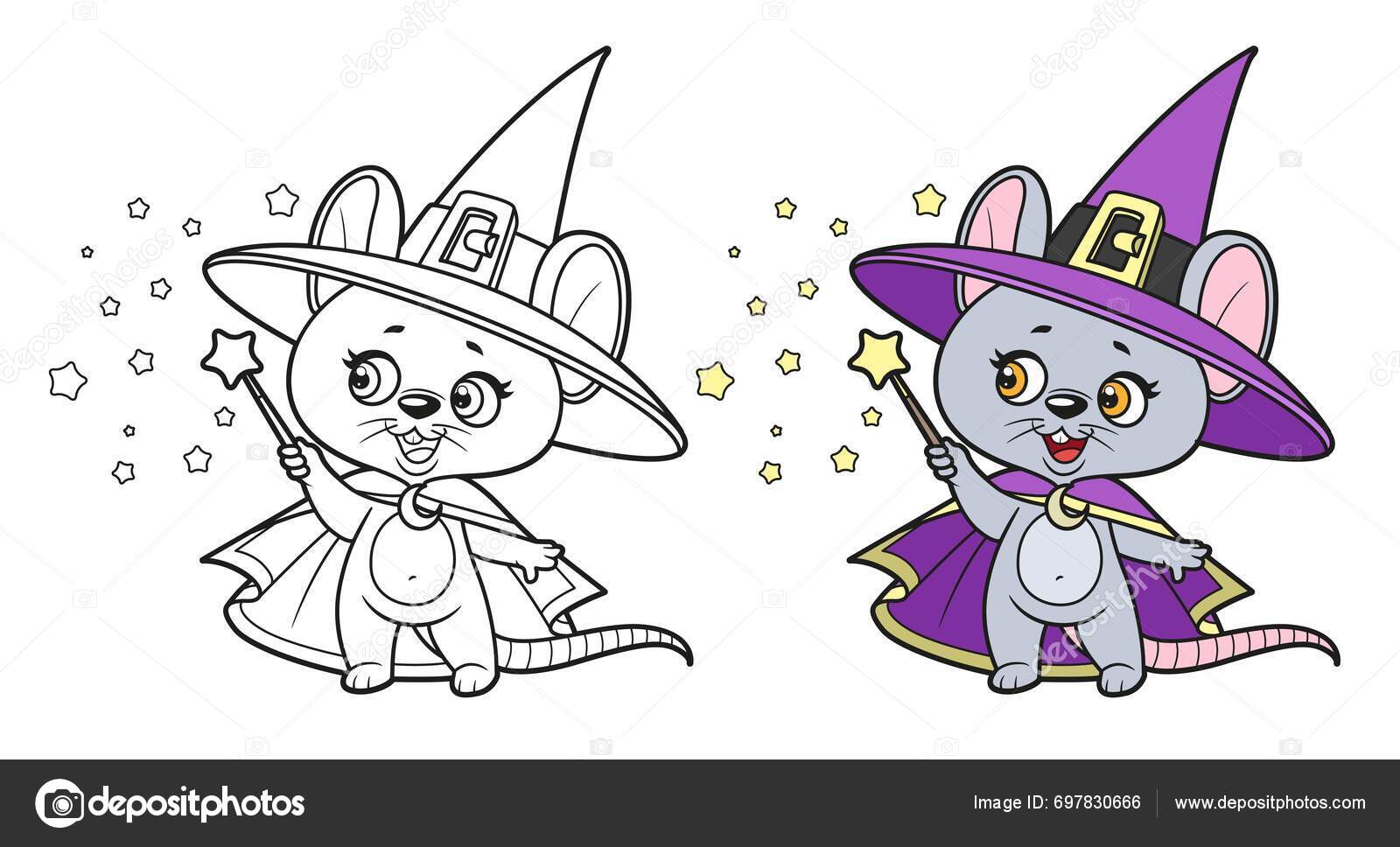Cute Cartoon Mouse Wizard Magic Wand Color Outlined Coloring Page Stock ...