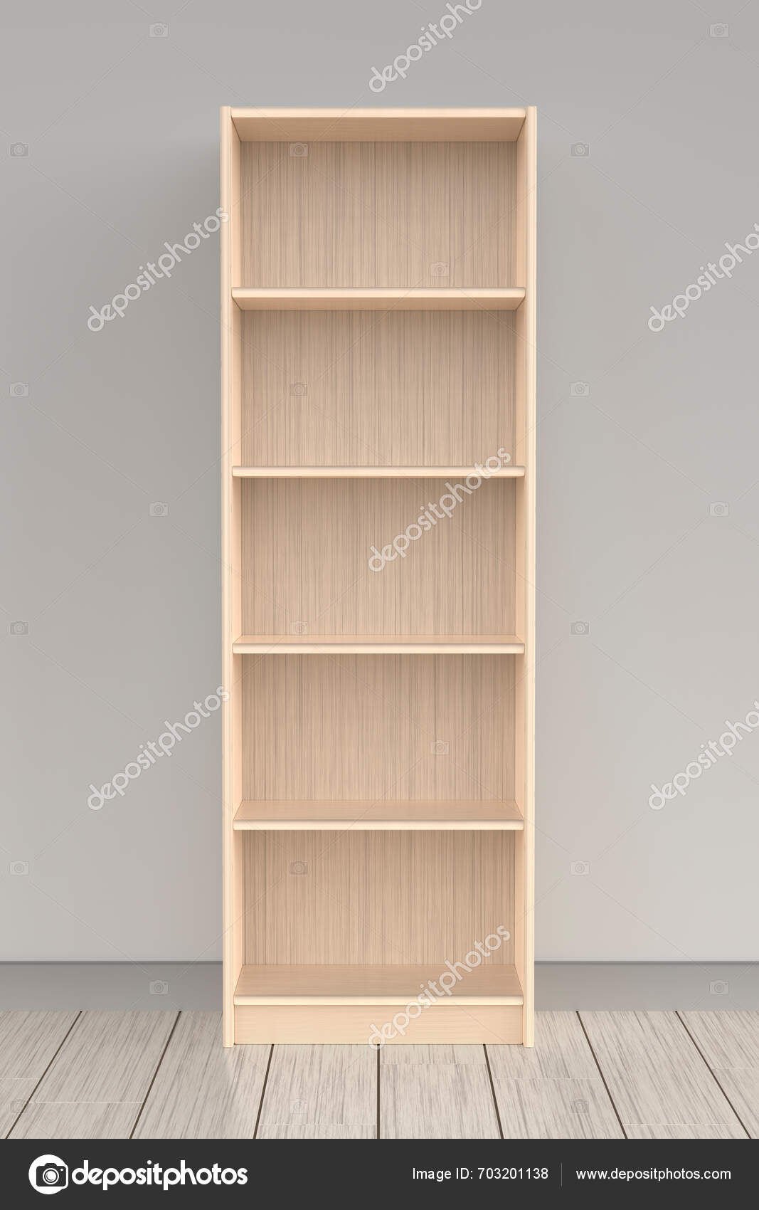 Empty Wooden Bookcase Room Front View — Stock Photo © magraphics #703201138