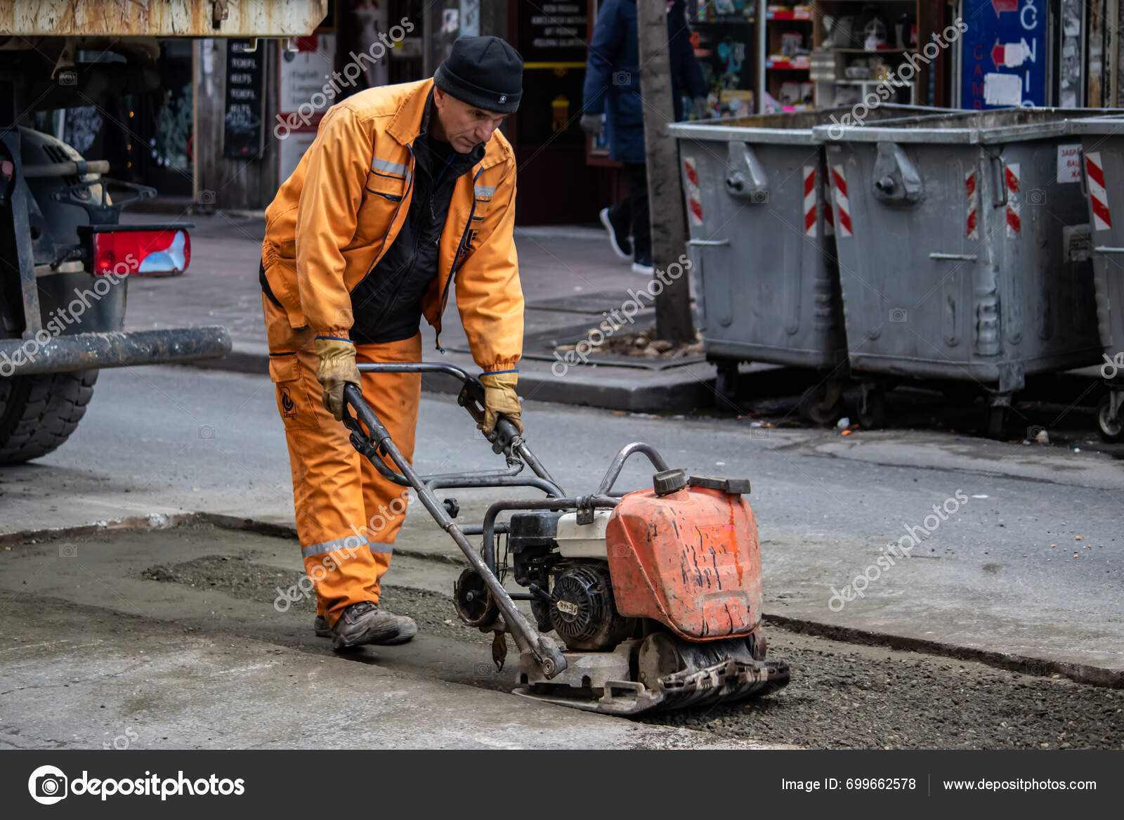 Workers Orange Uniforms Protection Equipment Fixing Patching Damaged ...