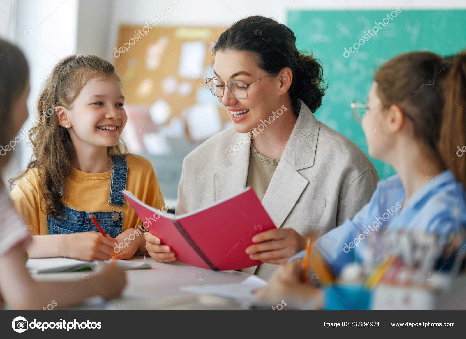 Happy Kids Teacher School Woman Children Working Class — Stock Photo ...