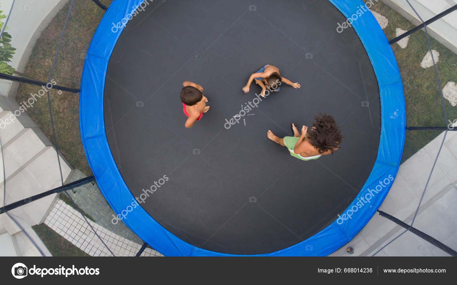 Children Playing Trampoline Aerial View Together — Stock Photo ...