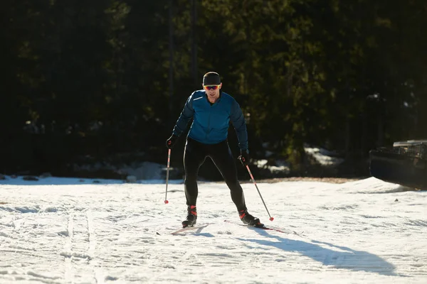 Nordic skiing or Cross-country skiing classic technique practiced by man in a beautiful ...
