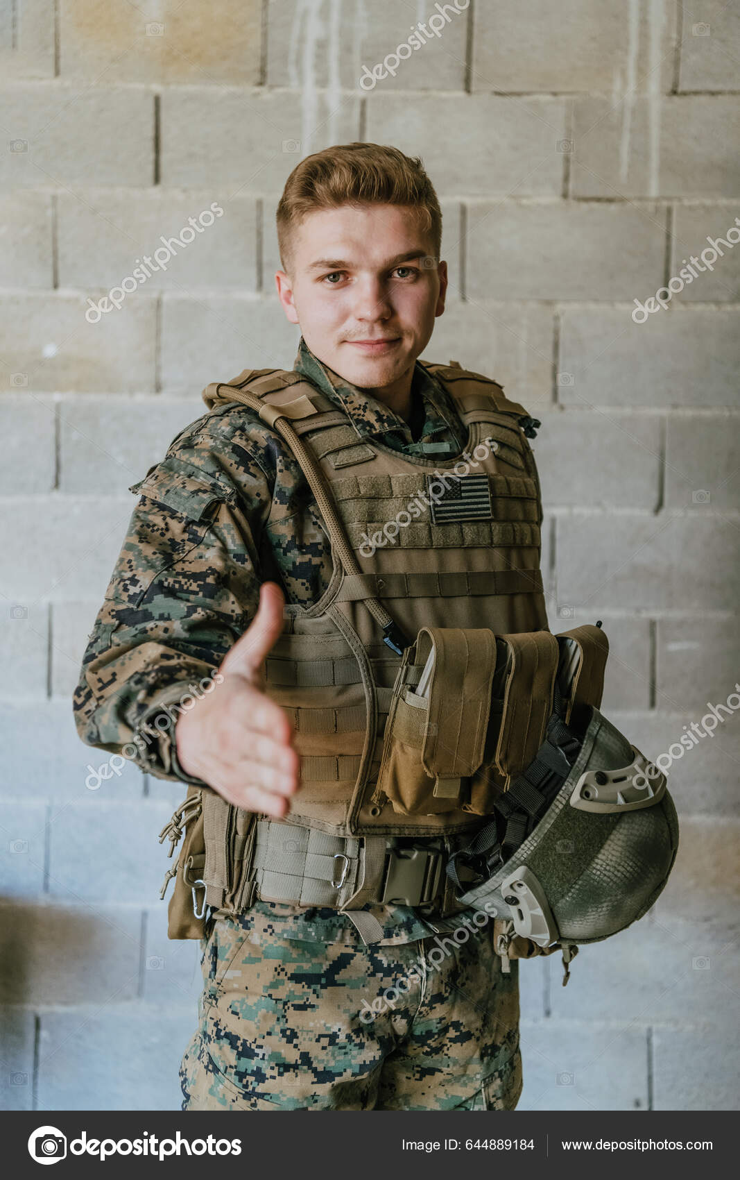 Soldier Uniform Stands Front Stone Wall Outstretched Hand Concept ...