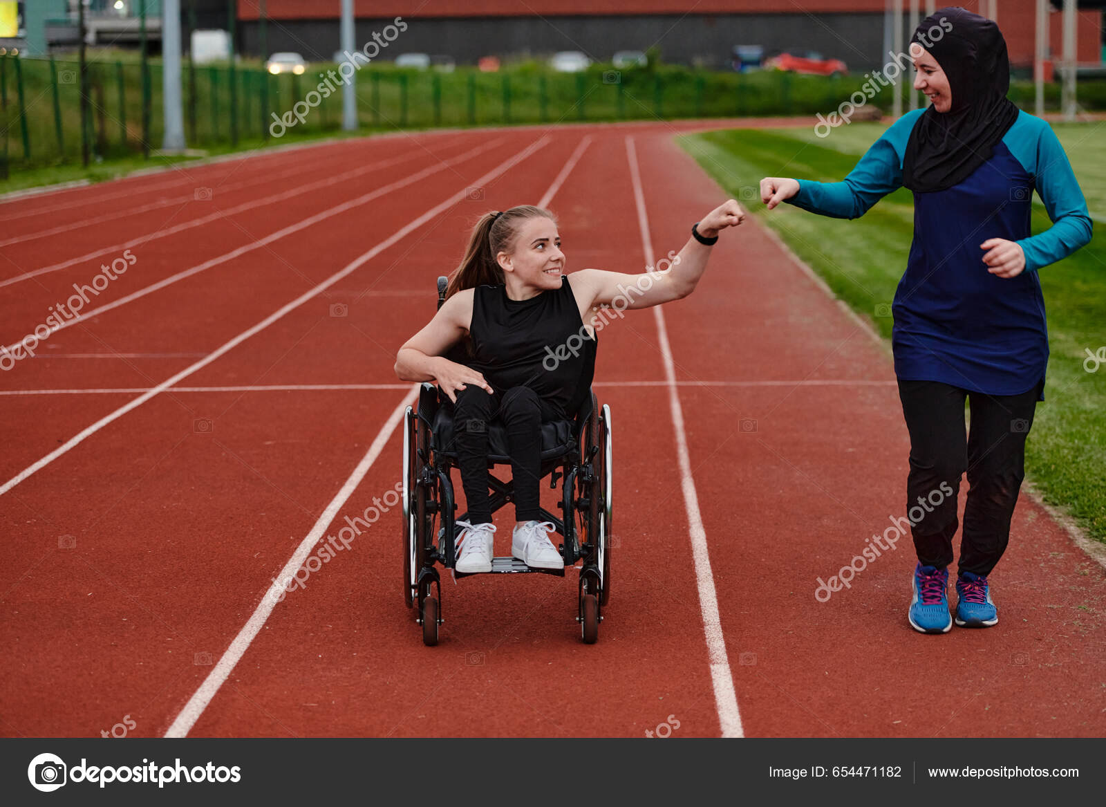 Muslim Woman Wearing Burqa Supports Her Friend Disability Wheelchair ...