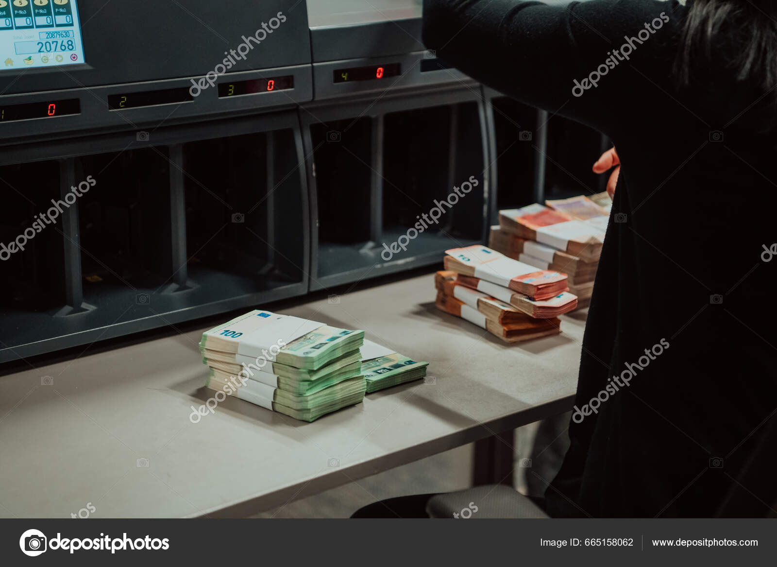 Bank Employees Using Money Counting Machine While Sorting Counting ...