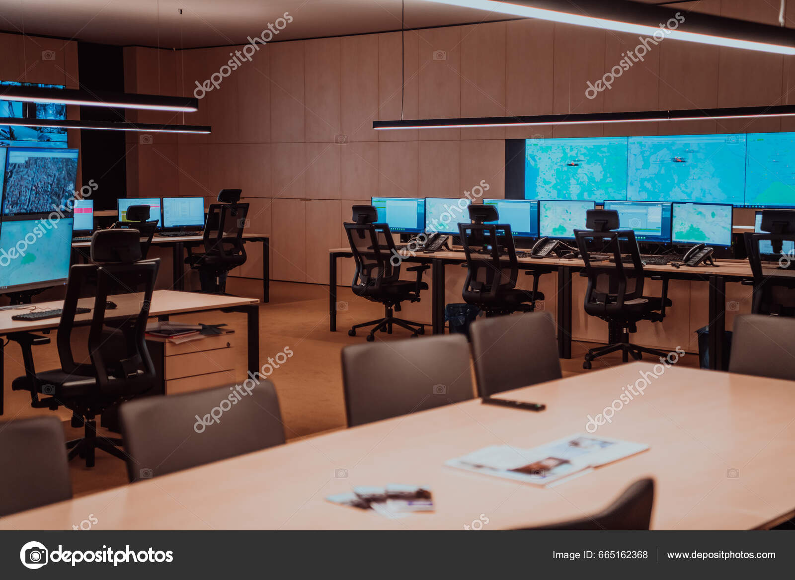Empty Interior Big Modern Security System Control Room Workstation ...