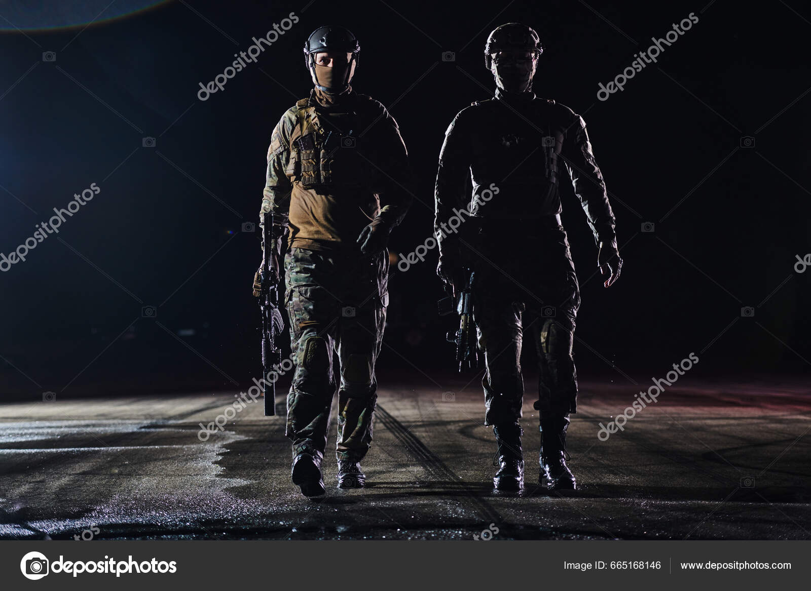 Two Professional Soldiers Marching Dark Night Dangerous Mission ...