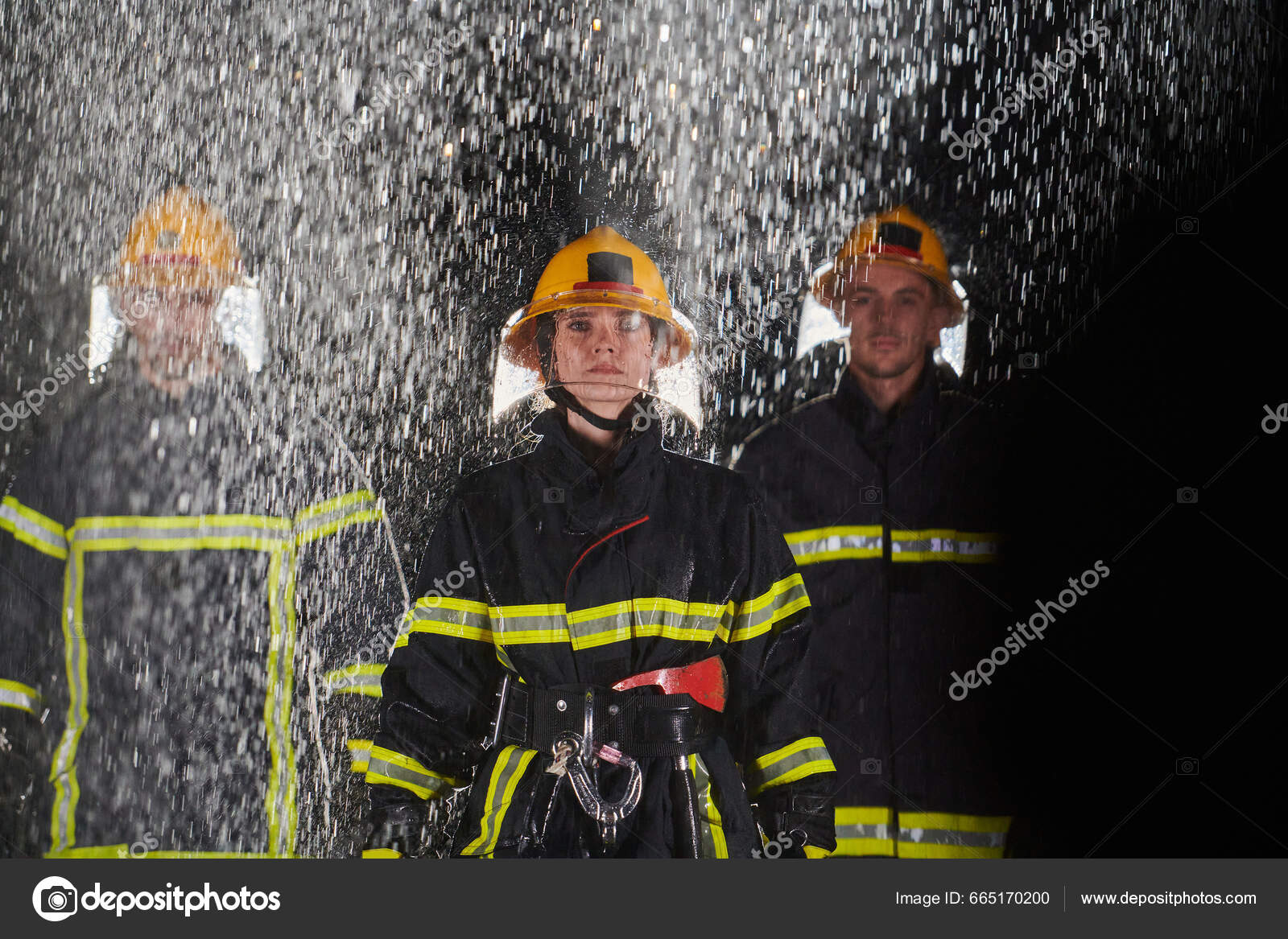 Group Professional Firefighters Marching Rainy Night Rescue Mission ...