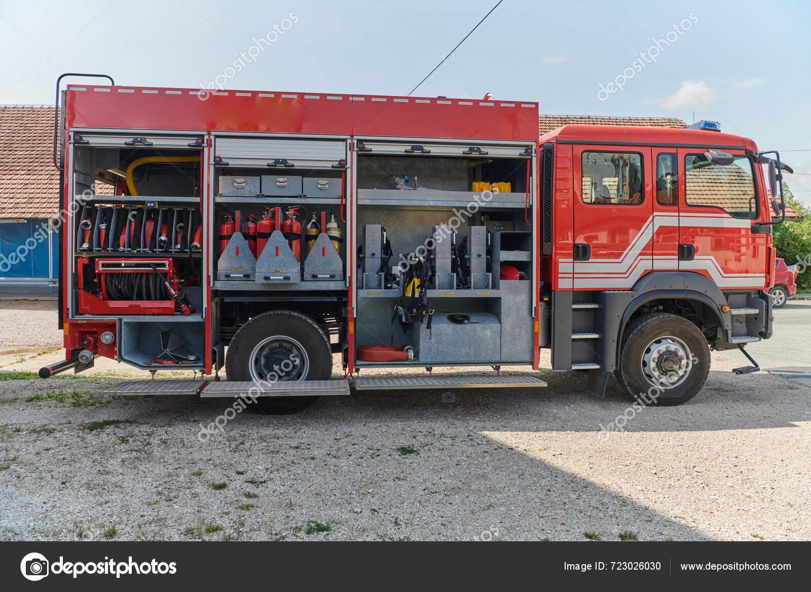 Close Essential Firefighting Equipment Modern Firetruck Showcasing ...