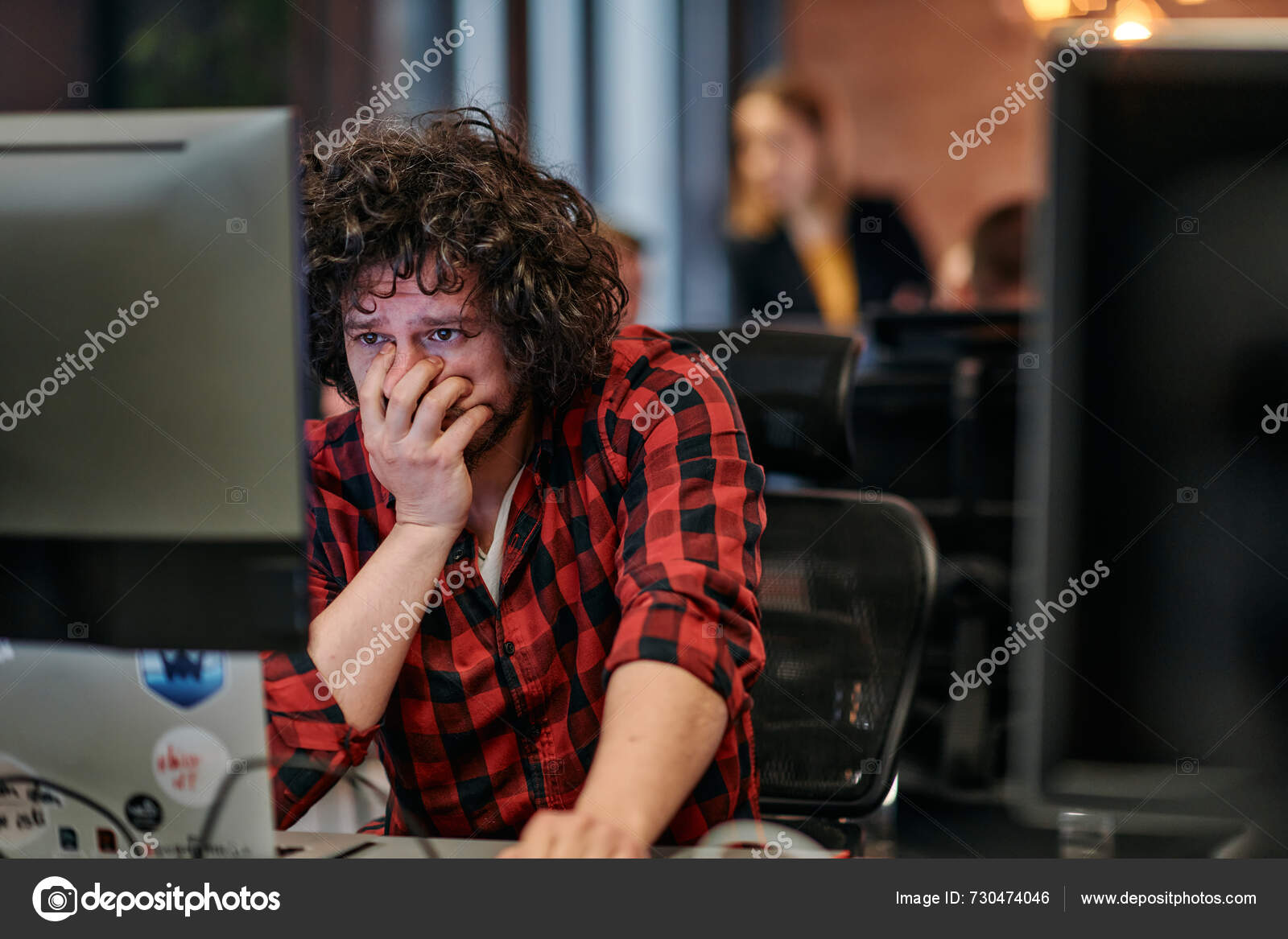 Frustrated Programmer Messy Hair Sits Staring His Computer Monitor Look ...
