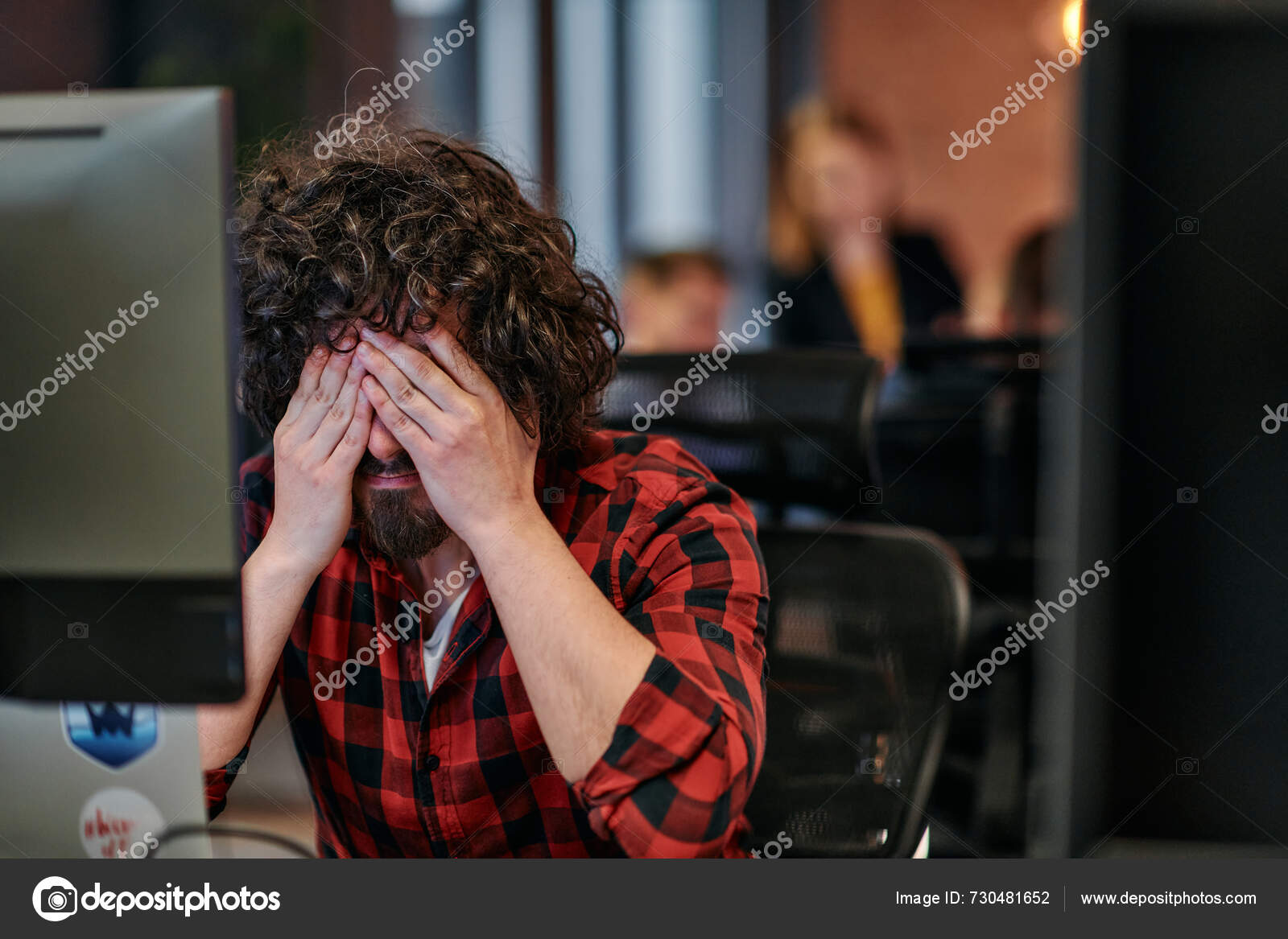 Frustrated Programmer Messy Hair Sits Staring His Computer Monitor Look ...