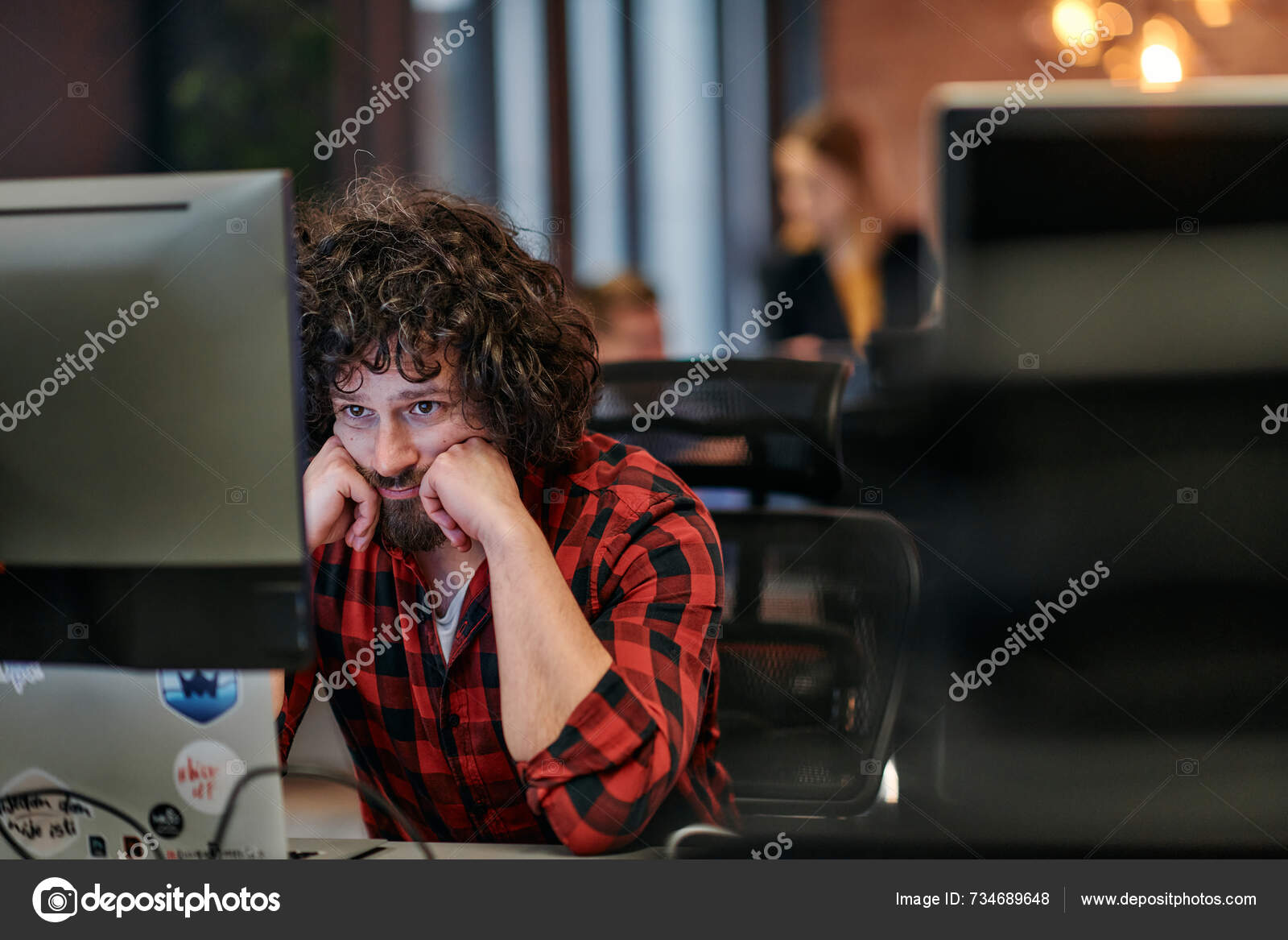 Frustrated Programmer Messy Hair Sits Staring His Computer Monitor Look ...