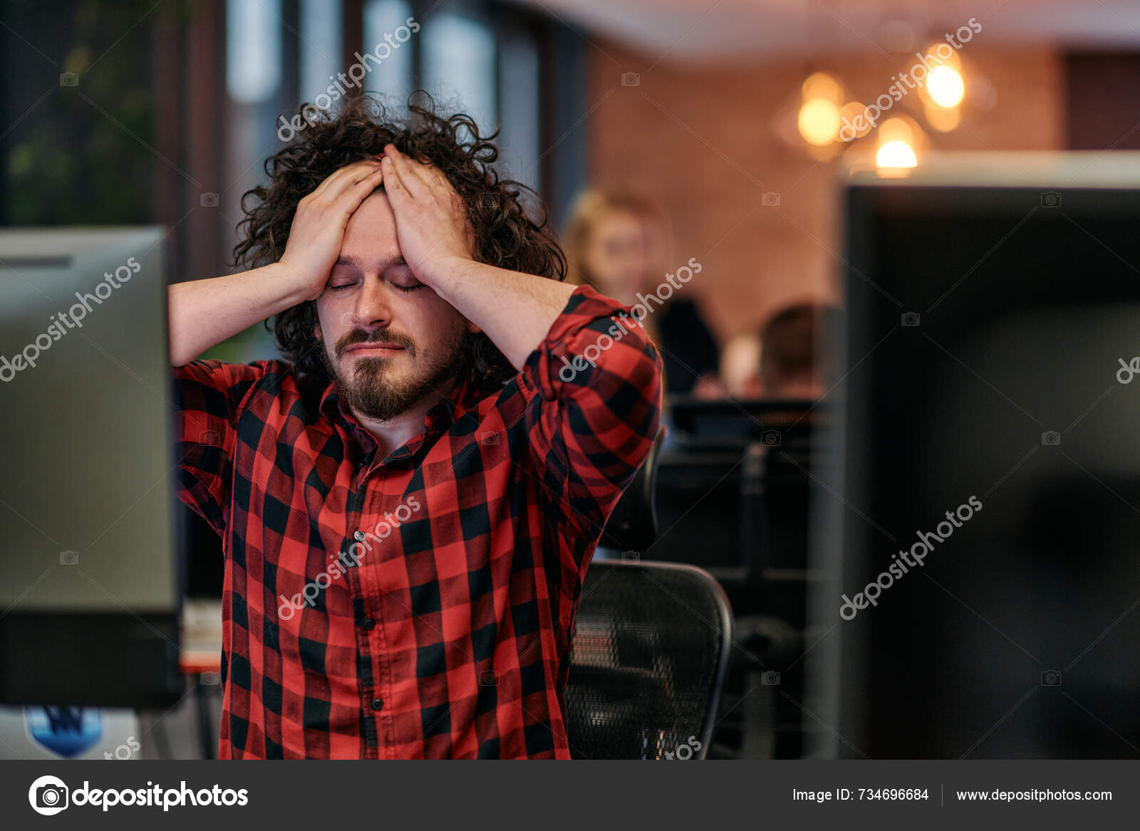Frustrated Programmer Messy Hair Sits Staring His Computer Monitor Look ...