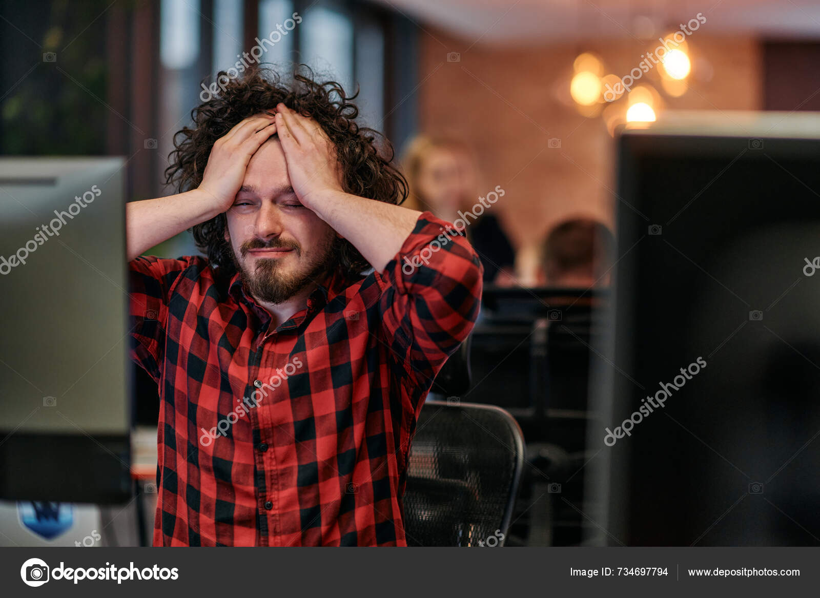 Frustrated Programmer Messy Hair Sits Staring His Computer Monitor Look ...