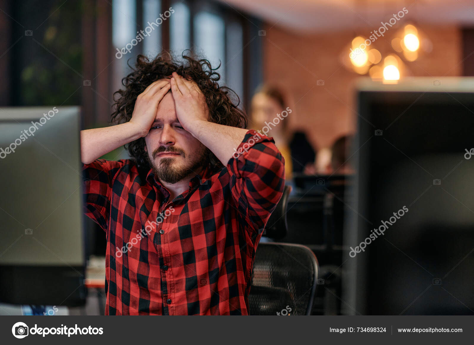 Frustrated Programmer Messy Hair Sits Staring His Computer Monitor Look ...