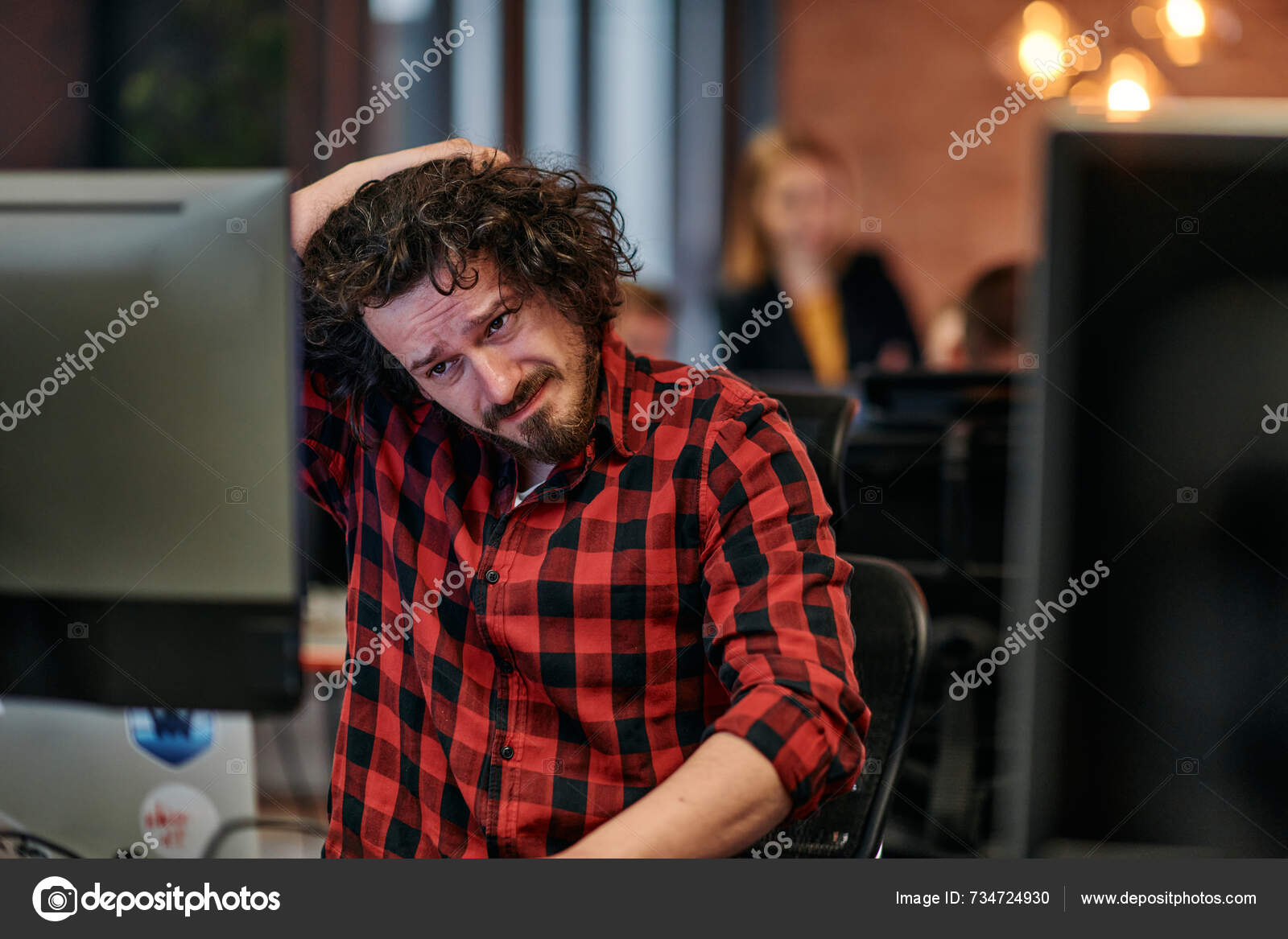 Frustrated Programmer Messy Hair Sits Staring His Computer Monitor Look ...