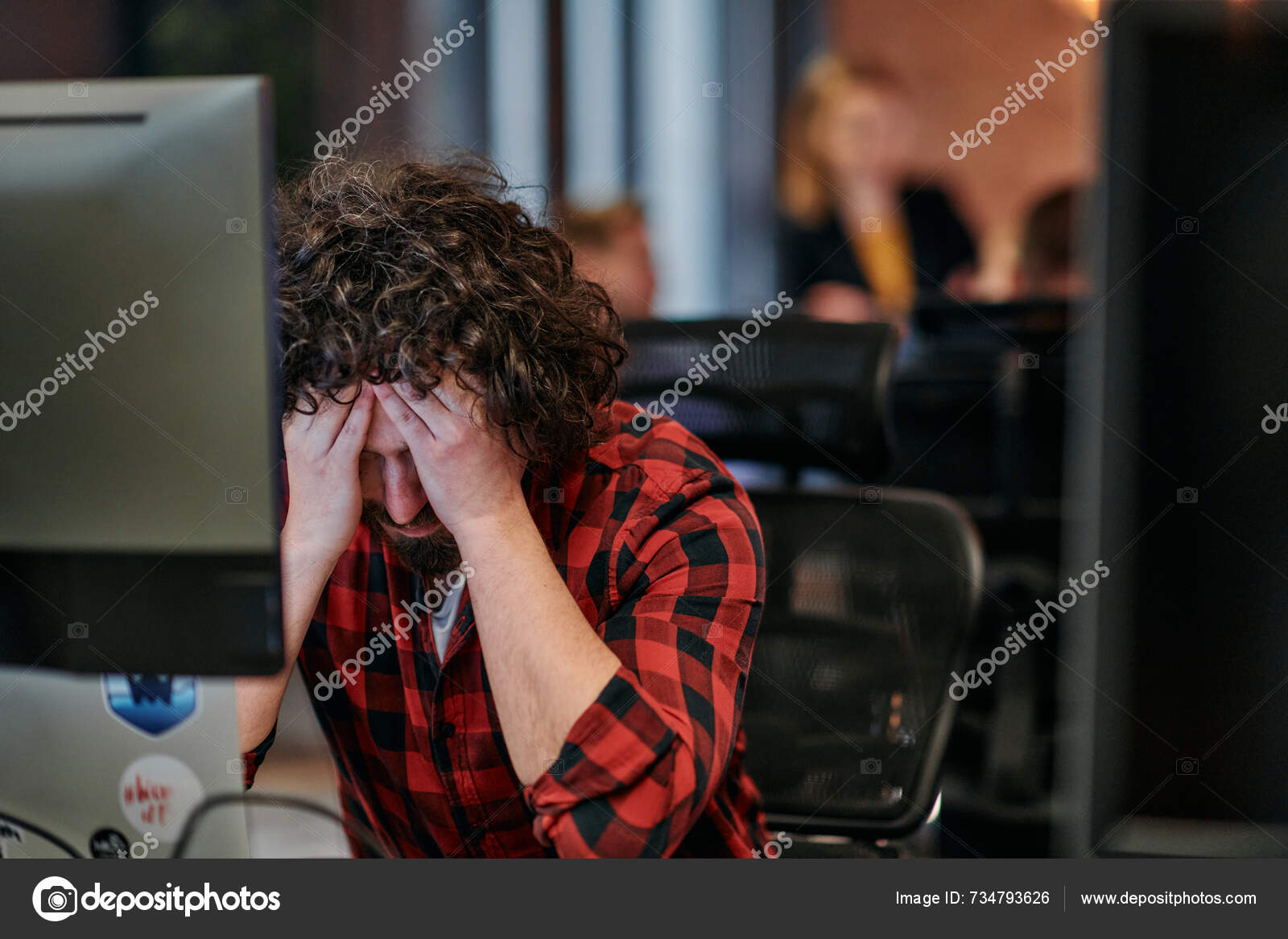 Frustrated Programmer Messy Hair Sits Staring His Computer Monitor Look ...