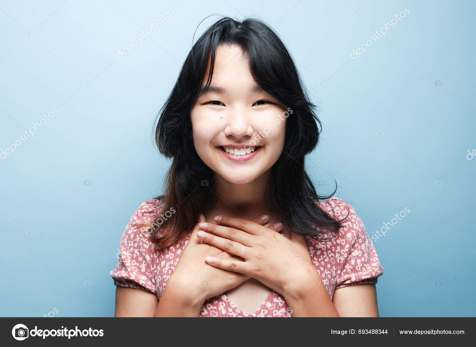 Portrait Sincere Brunette Asian Female Model Smiles Broadly Expresses ...