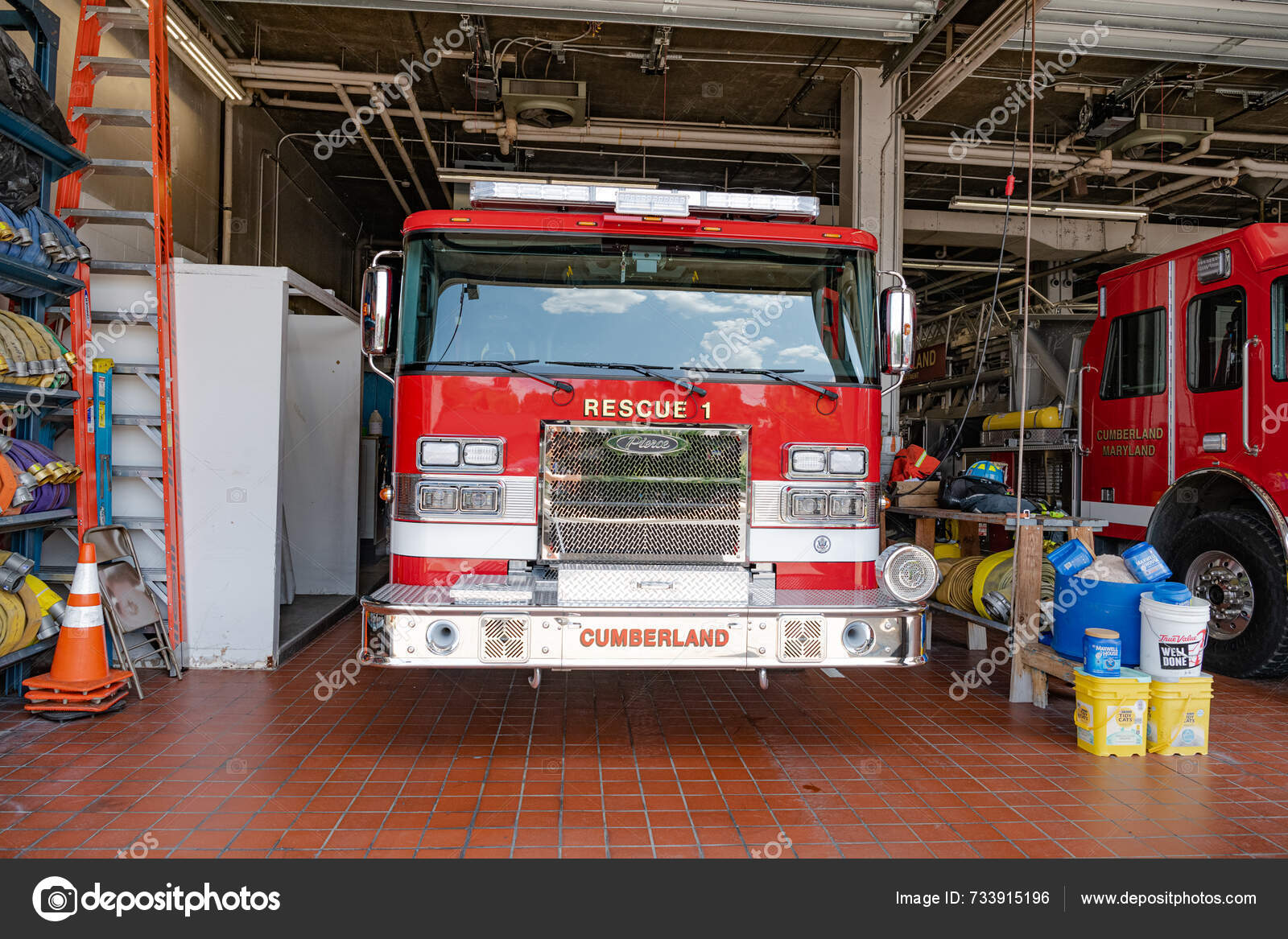 Interior Fire Department Garage Red Fire Trucks Emergency Response ...