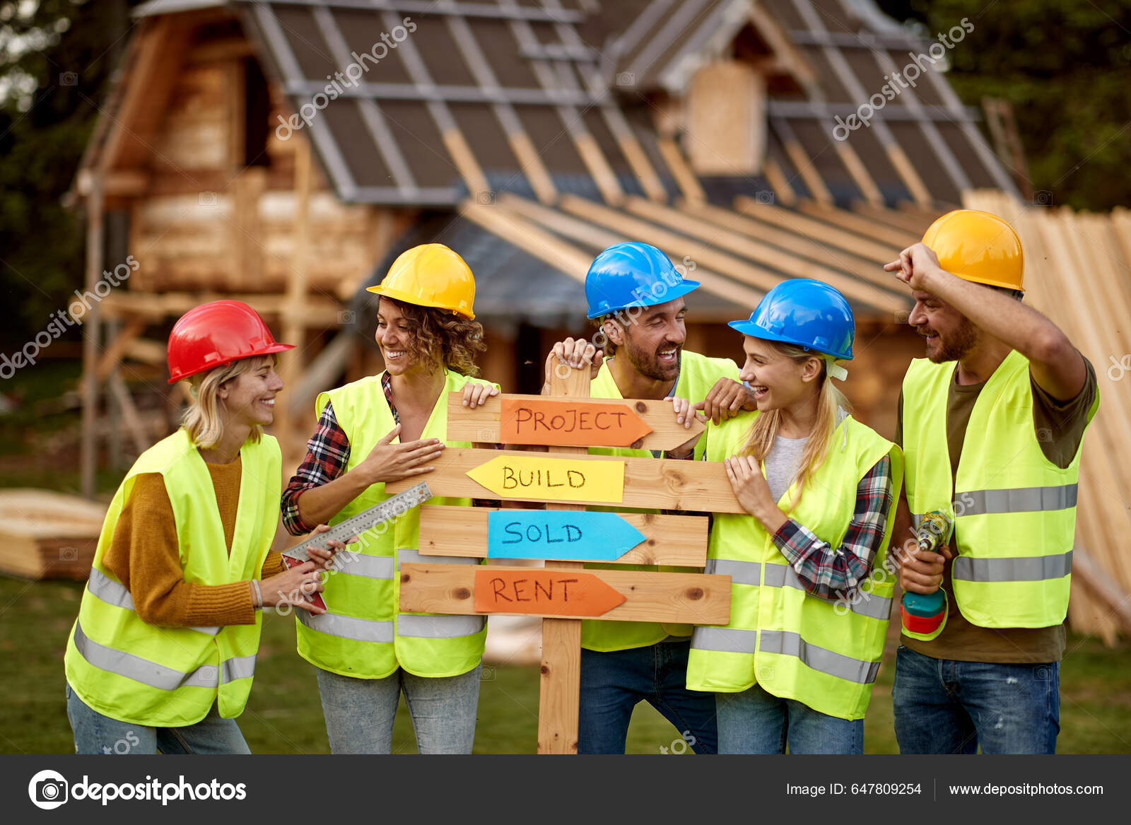 Group Young Cheerful Both Female Male Builders Enjoy Posing Photo ...