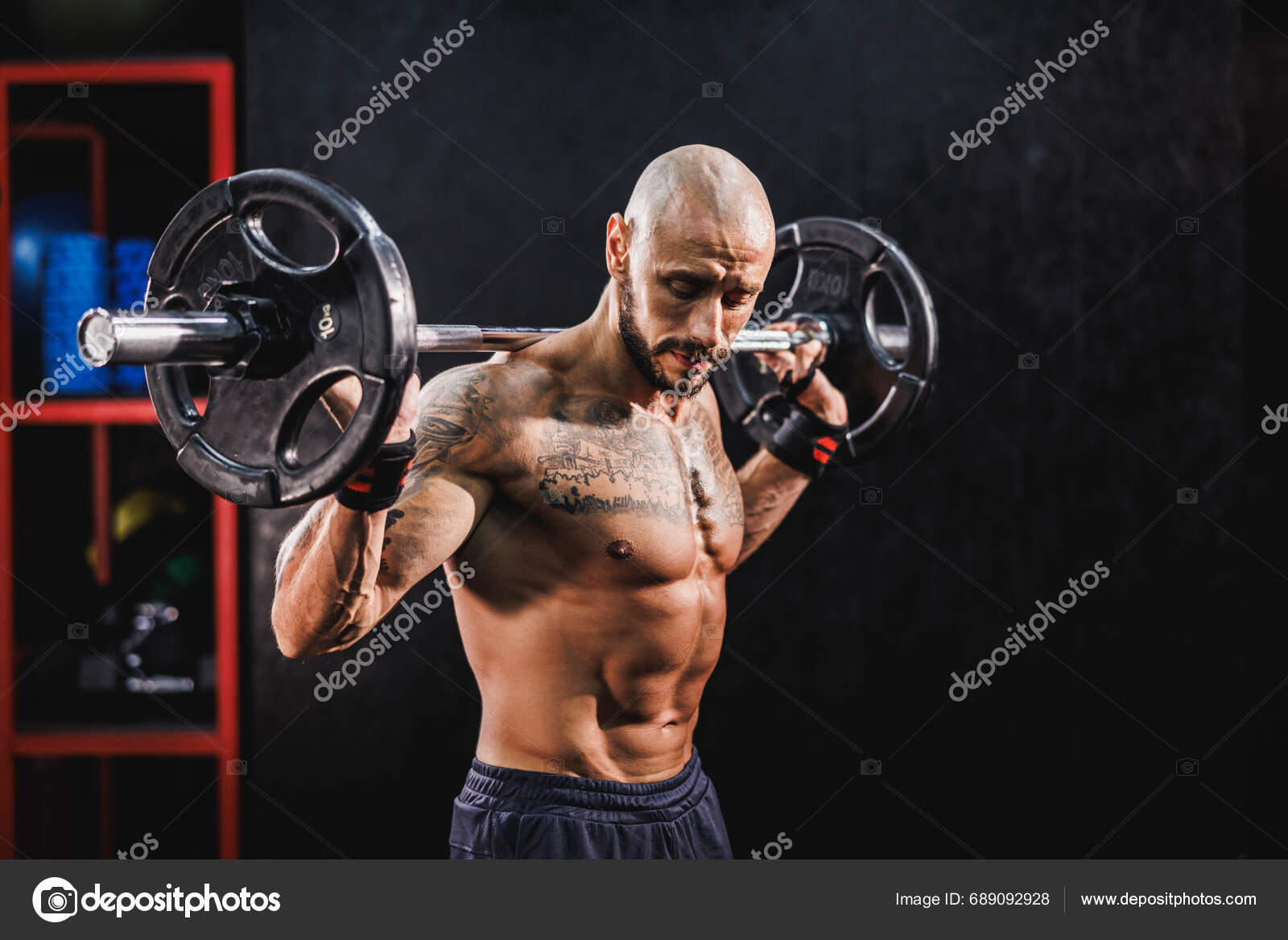 Shot Muscular Bodybuilder Doing Hard Training Barbell His Shoulder ...