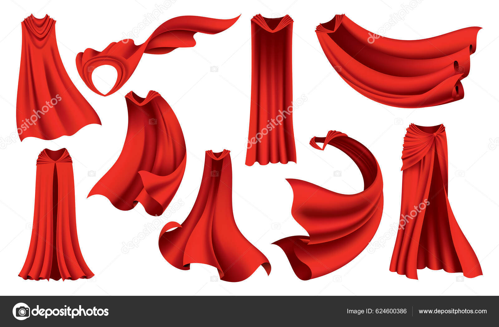 Superhero Red Cape Different Positions Front Side View Scarlet Fabric ...