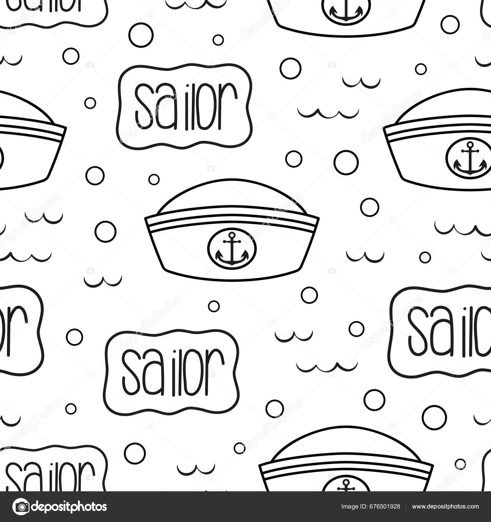 Nautical Background Sailor Caps Outline Maritime Pattern Sea Caps Flat ...