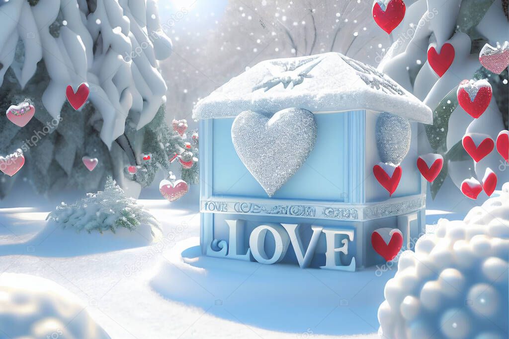 Gran corazón de hielo con la palabra AMOR y árbol de Navidad. Tarjeta ...