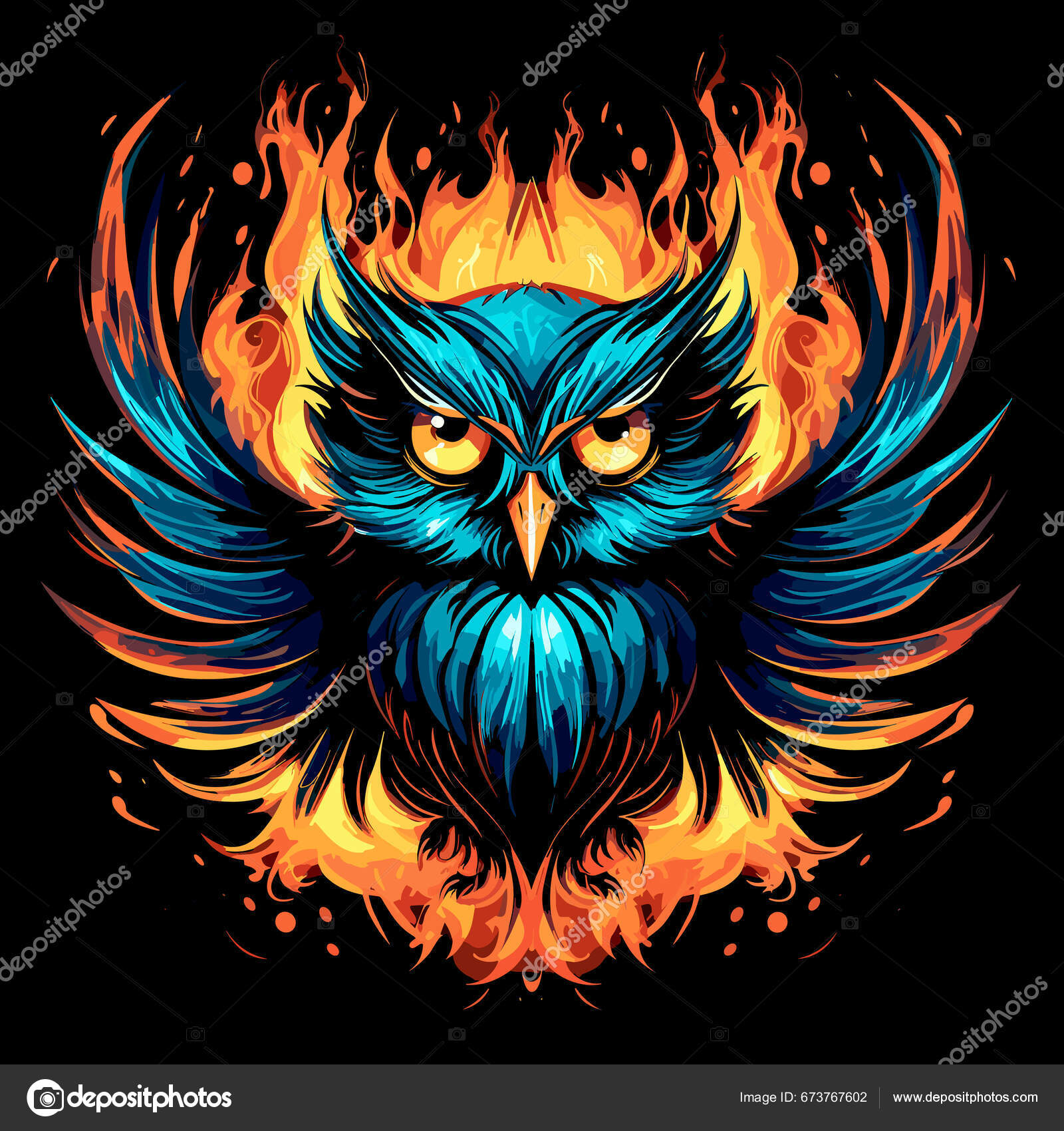 Cute Funny Young Owl Fire Flames Phoenix Bird Isolated Black Stock ...