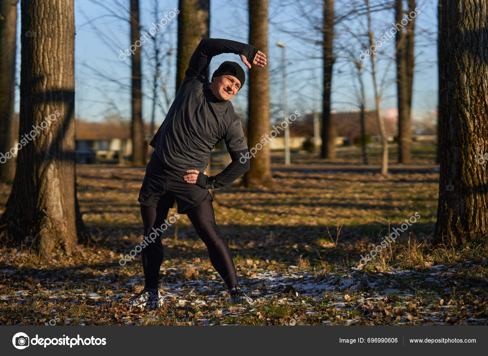 Mature Recreational Runner Warming Stretching Running Cold Sunny Winter ...