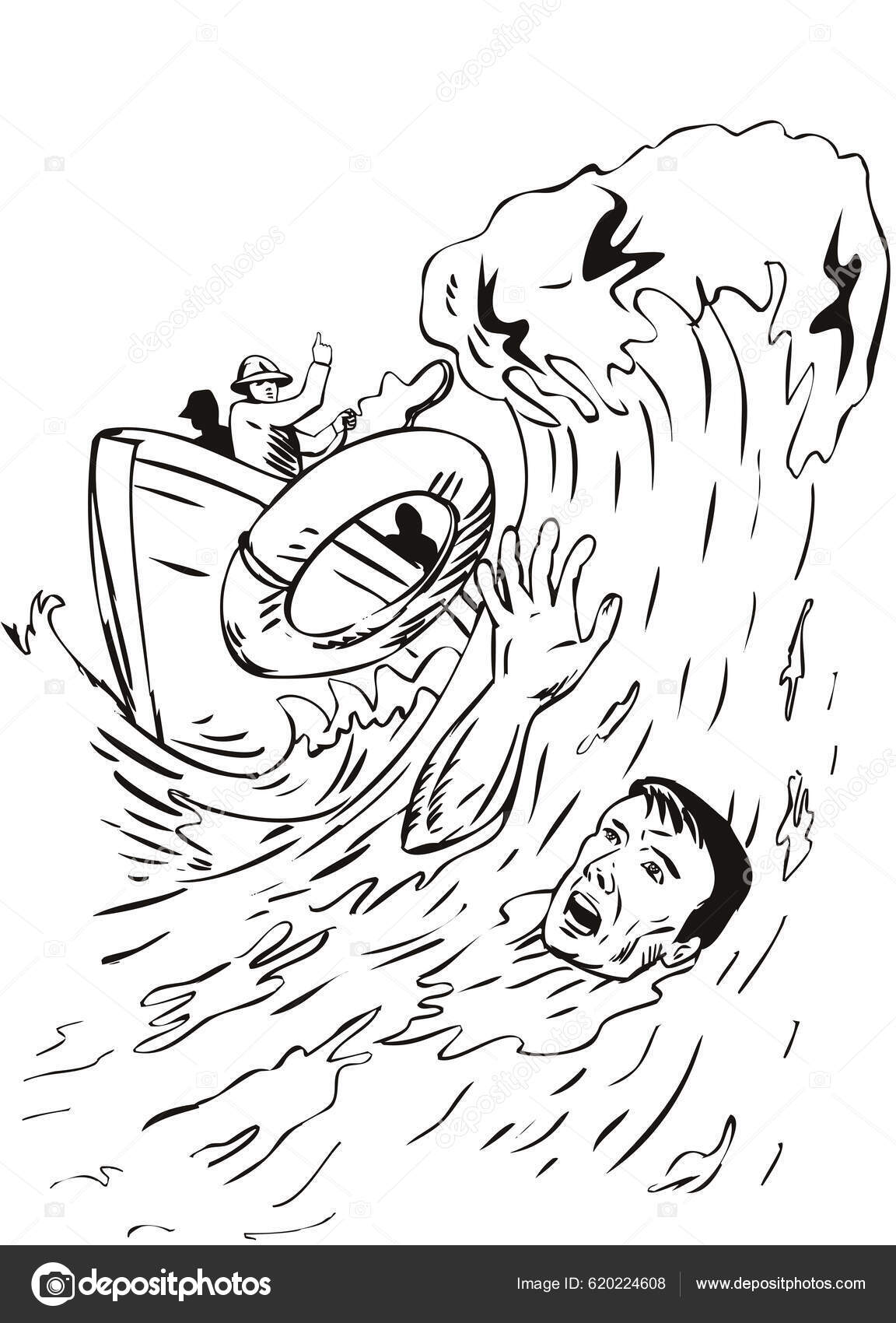 Illustration Man Drowning Lifeguard Lifeboat Rescuing Throwing ...