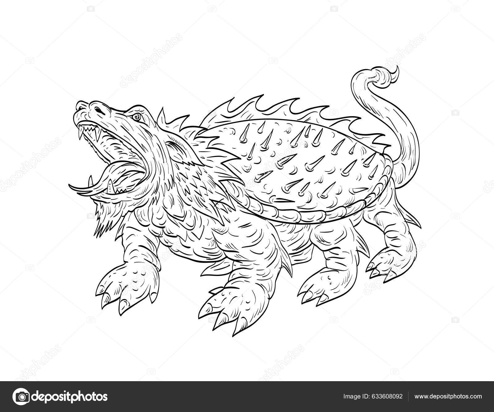 Line Art Drawing Illustration Tarasque Fearsome Legendary Dragon ...