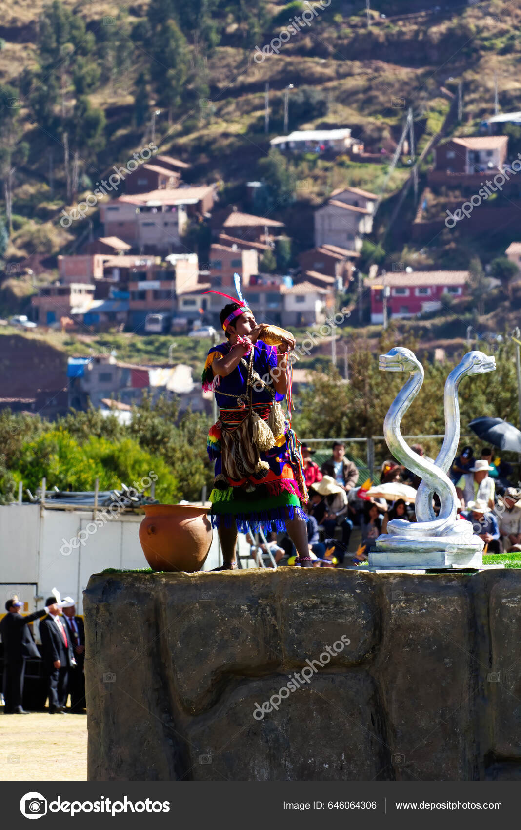 Man Traditional Costume Blowing Conch Shell Inti Raymi Festival Cusco ...