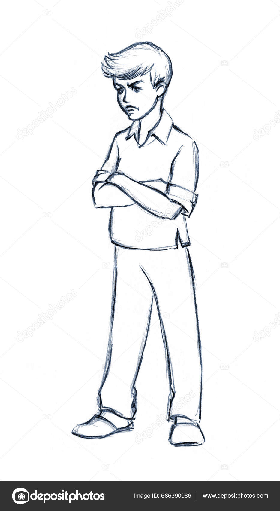 Small Mad Rude Sulk Male Guy Wait Bossy Arm Akimbo — Stock Photo ...
