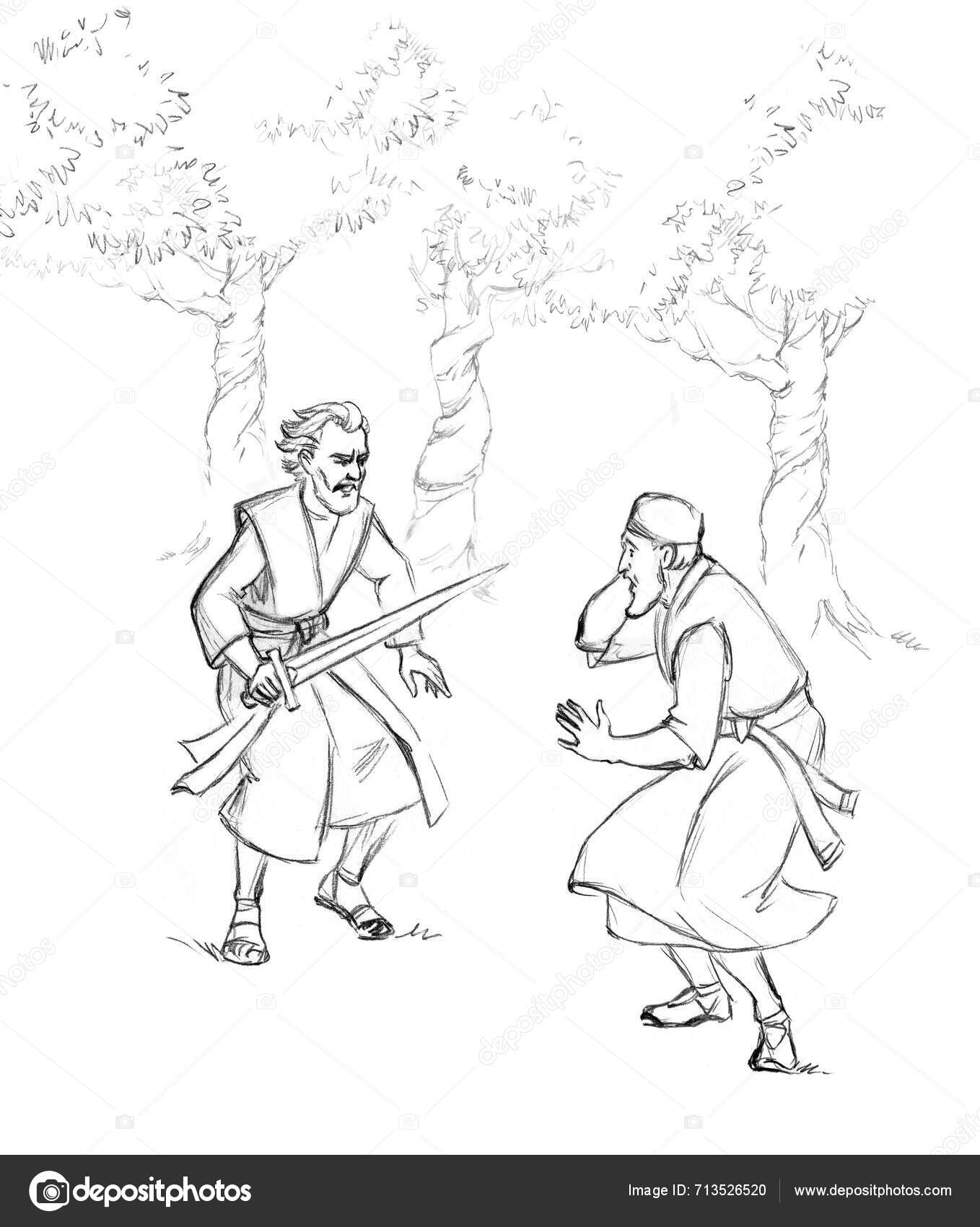 Brave Evil Danger Adult Old Male Defender Hand Drawn Strong — Stock ...