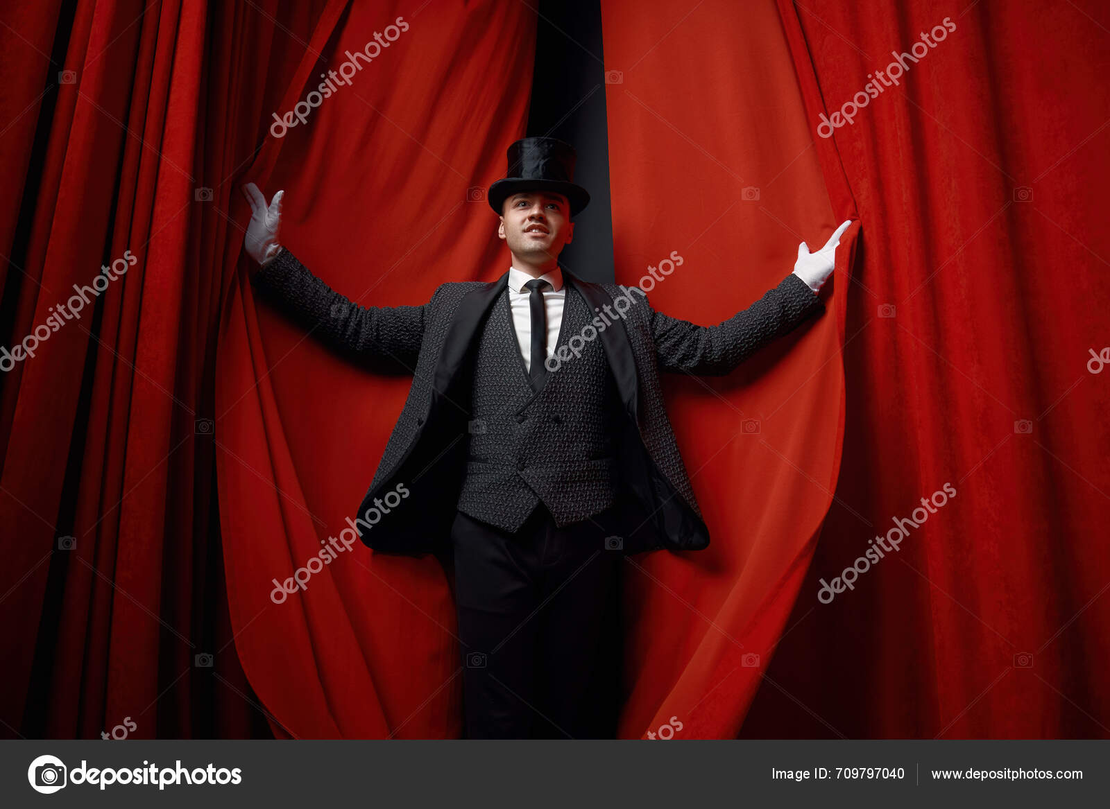 Cinematic Posed Portrait Magician Actor Red Velvet Stage Curtain Magic ...