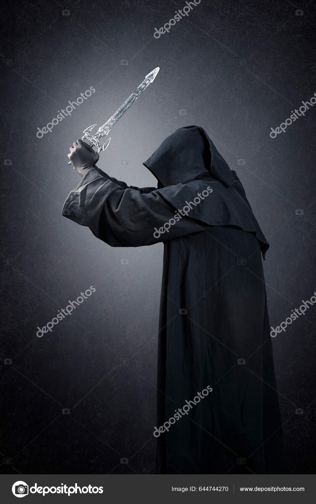 Dark Knight Hooded Cape Medieval Sword Dark Misty Background Stock ...
