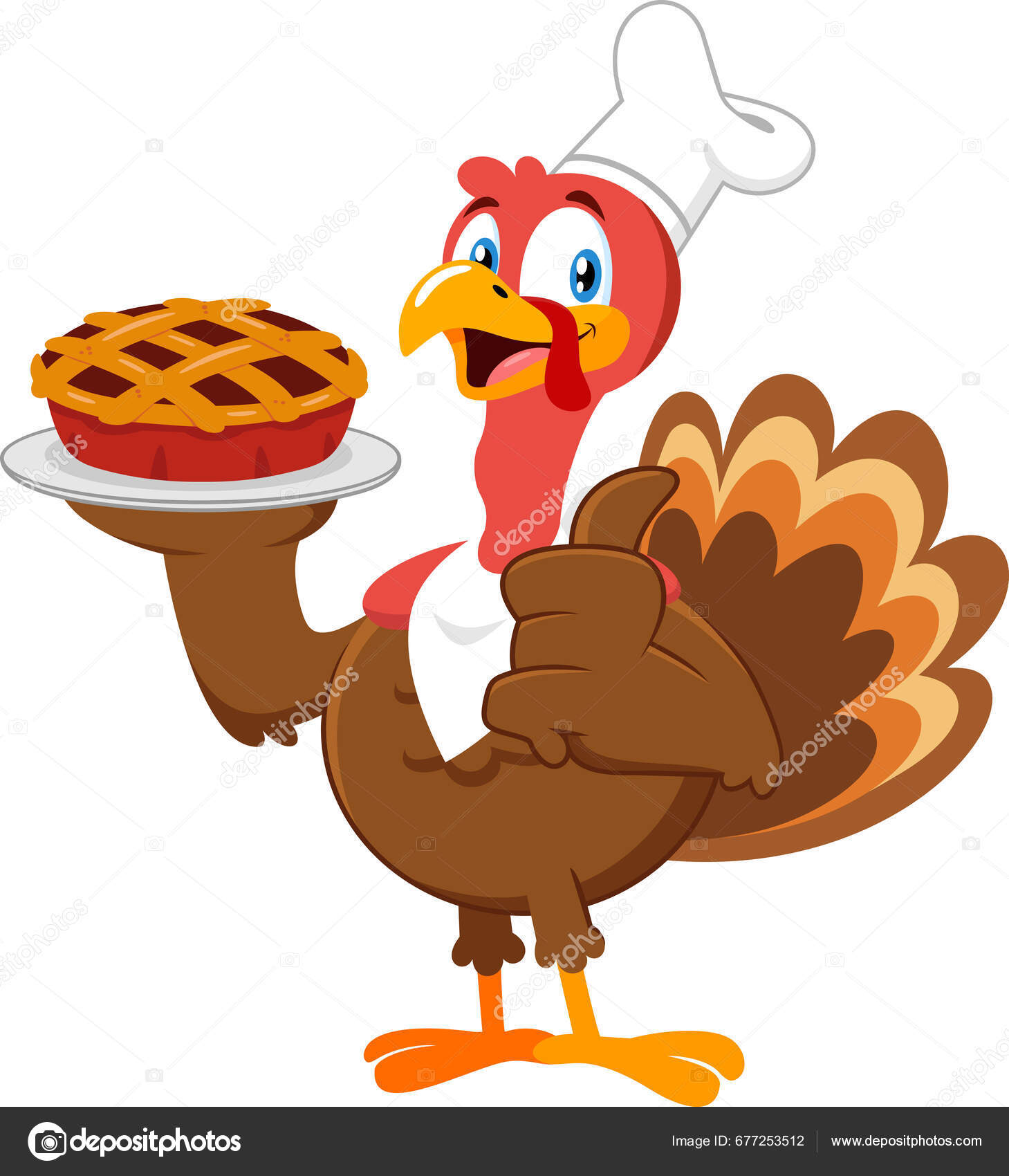 Cute Turkey Chef Cartoon Character Serving Perfect Pie Giving Thumbs ...