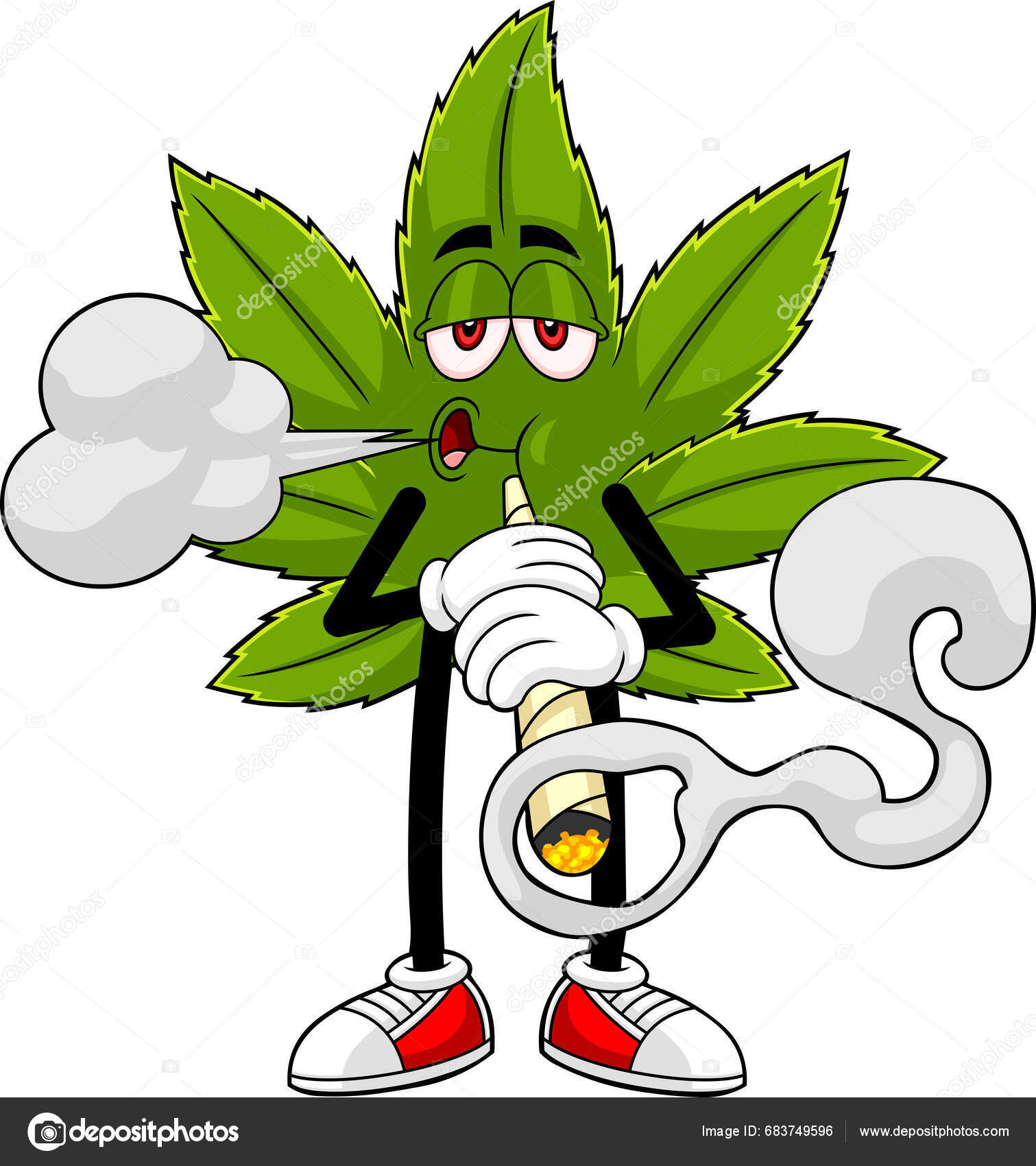 Funny Marijuana Leaf Cartoon Character Smoking Big Joint Cigarette Inglés Vector de stock ...