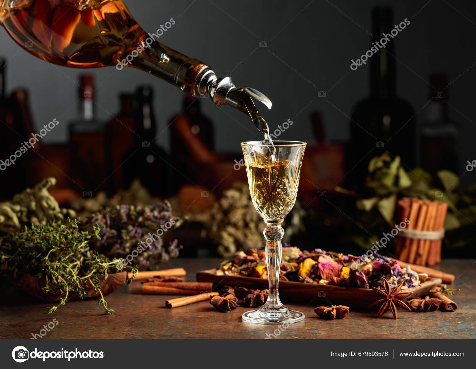 Yellow Herbal Liquor Mixture Poured Vintage Bottle Glass Table Dried ...