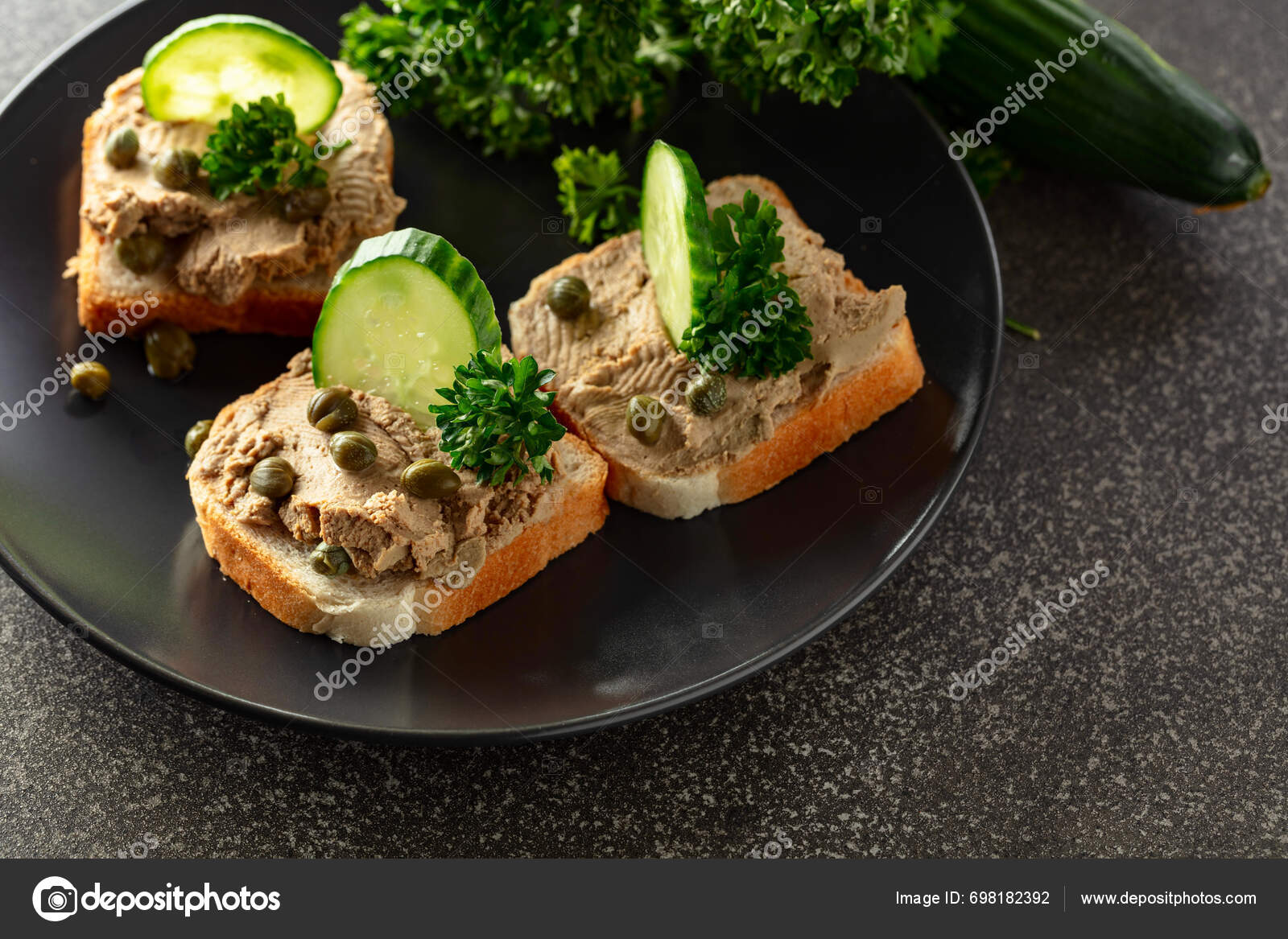 Open Sandwiches Pate Fresh Cucumber Capers Parsley Toasts Pate Black ...