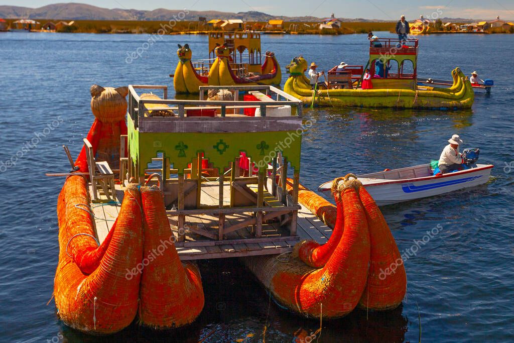 Uros, Peru - April 29, 2022: Traditional reed boat as transportation ...