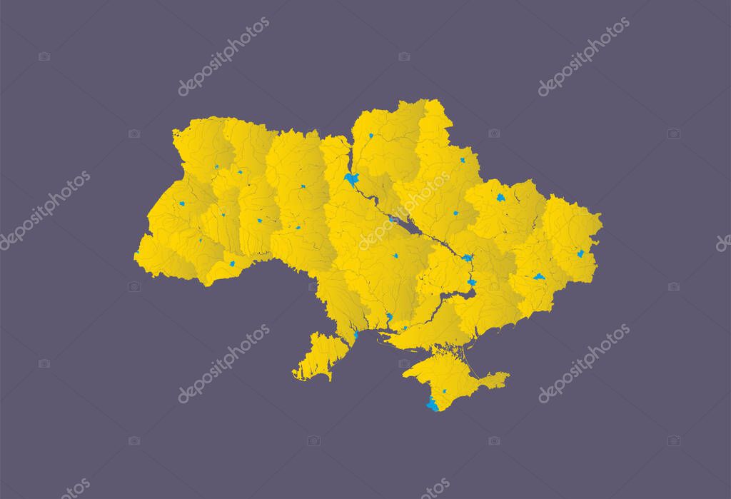 Map of Ukraine with rivers and lakes. The map shows oblasts and small ...