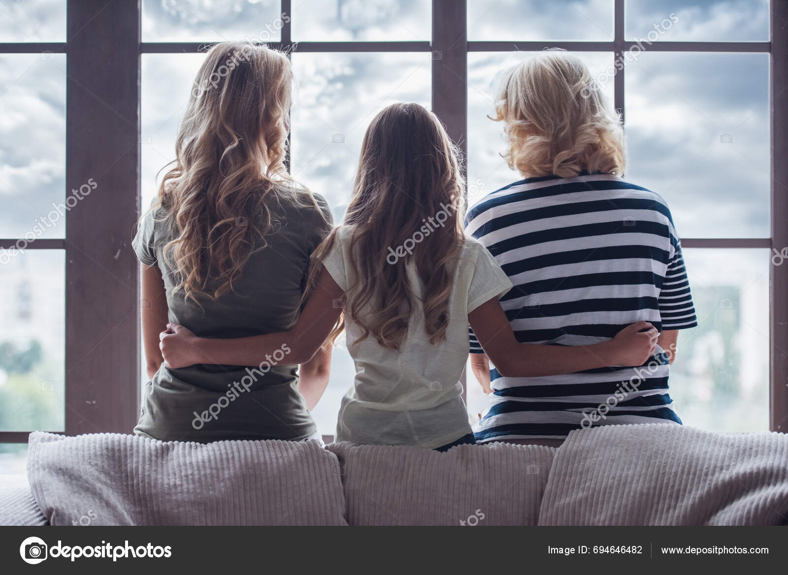 Back View Beautiful Women Generation Granny Mom Daughter Hugging ...