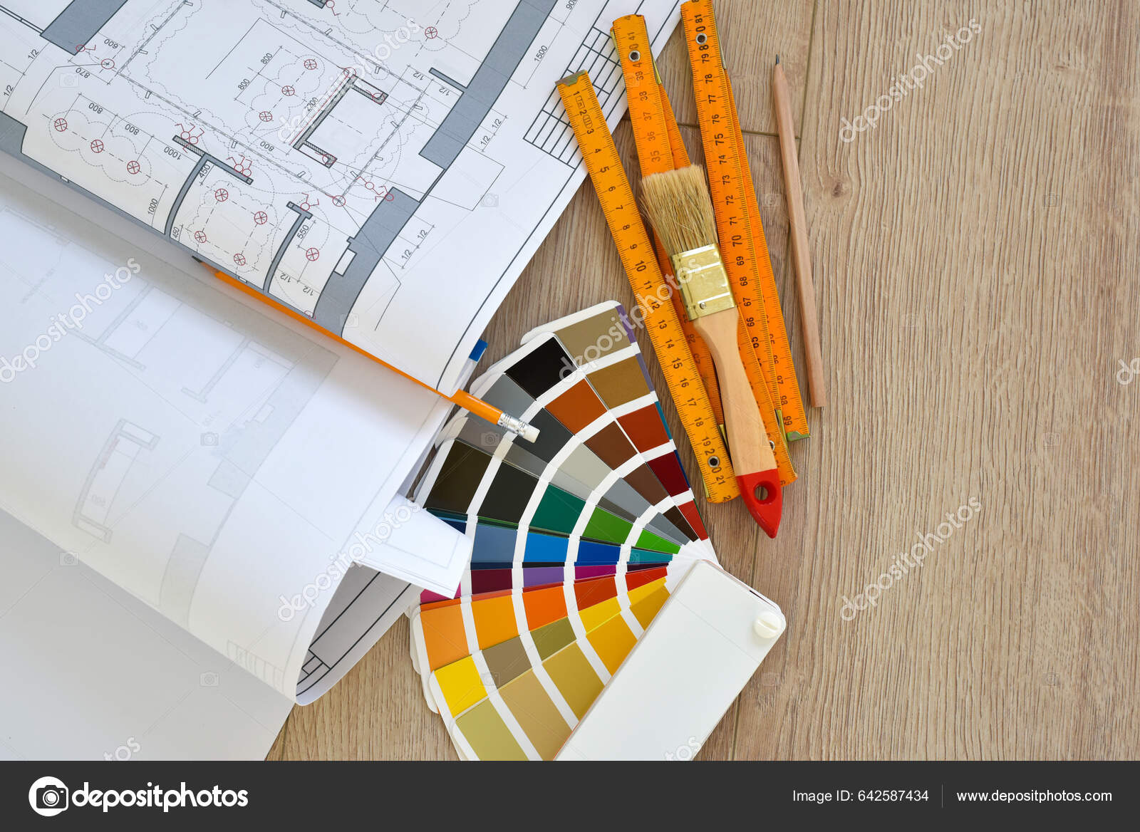 Architectural Drawings Color Guide Brushes Pencils Ruler Wooden Table ...