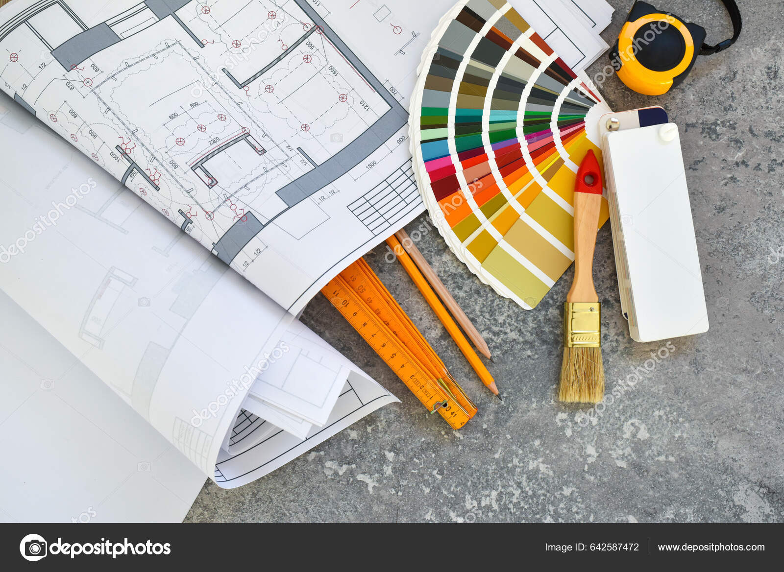 Architectural Drawings Color Guide Brushes Pencils Ruler Gray Stone ...
