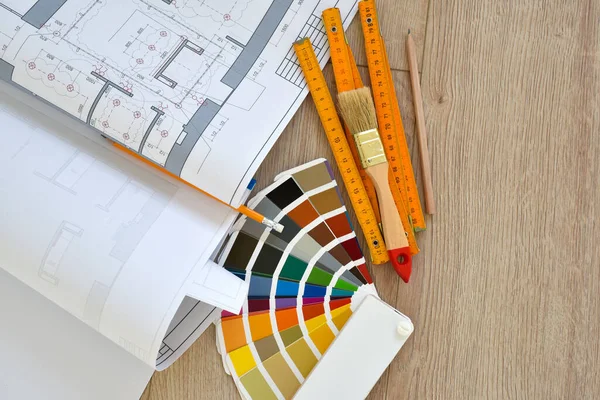 Architectural Drawings Color Guide Brushes Pencils Ruler Wooden Table ...